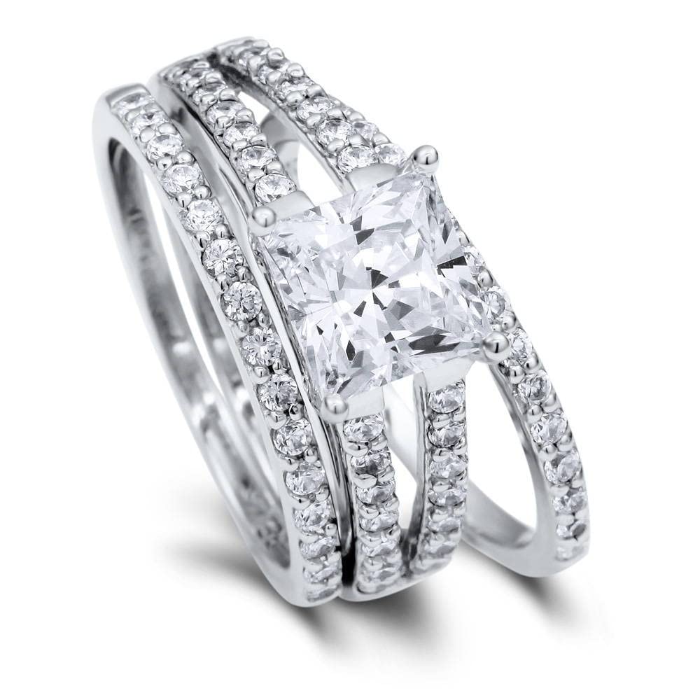 BERRICLE Sterling Silver Solitaire Wedding Engagement Rings 2 Carat Princess Cut Cubic Zirconia CZ Statement Split Shank Ring Set for Women, Rhodium Plated Size 7