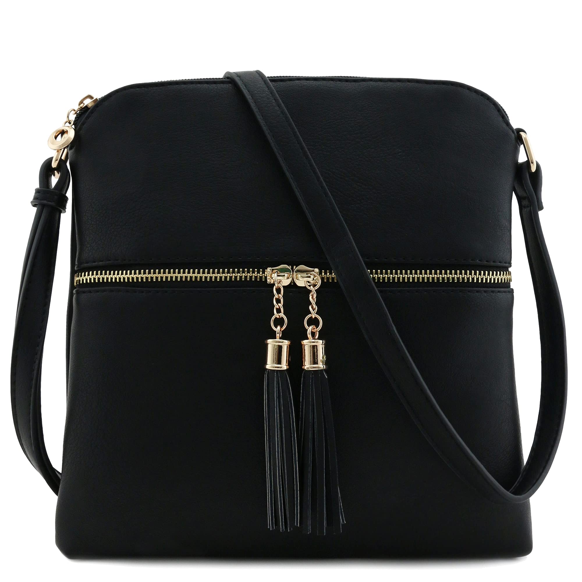 FashionPuzzle Tassel Zip Pocket PU Leather Crossbody Bag (Black)
