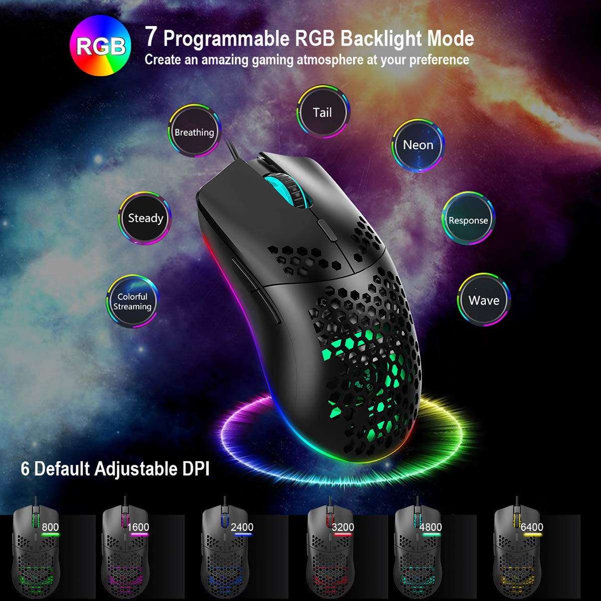 Esenlong Wired Gaming Mouse Macro Programming Mouse 6400DPI Ergonomic USB Computer Mice RGB Laptop PC Gaming Mouse for PC Laptop Desktop (6- Key) for E- Sport Game, Daily Office Work, Home use.