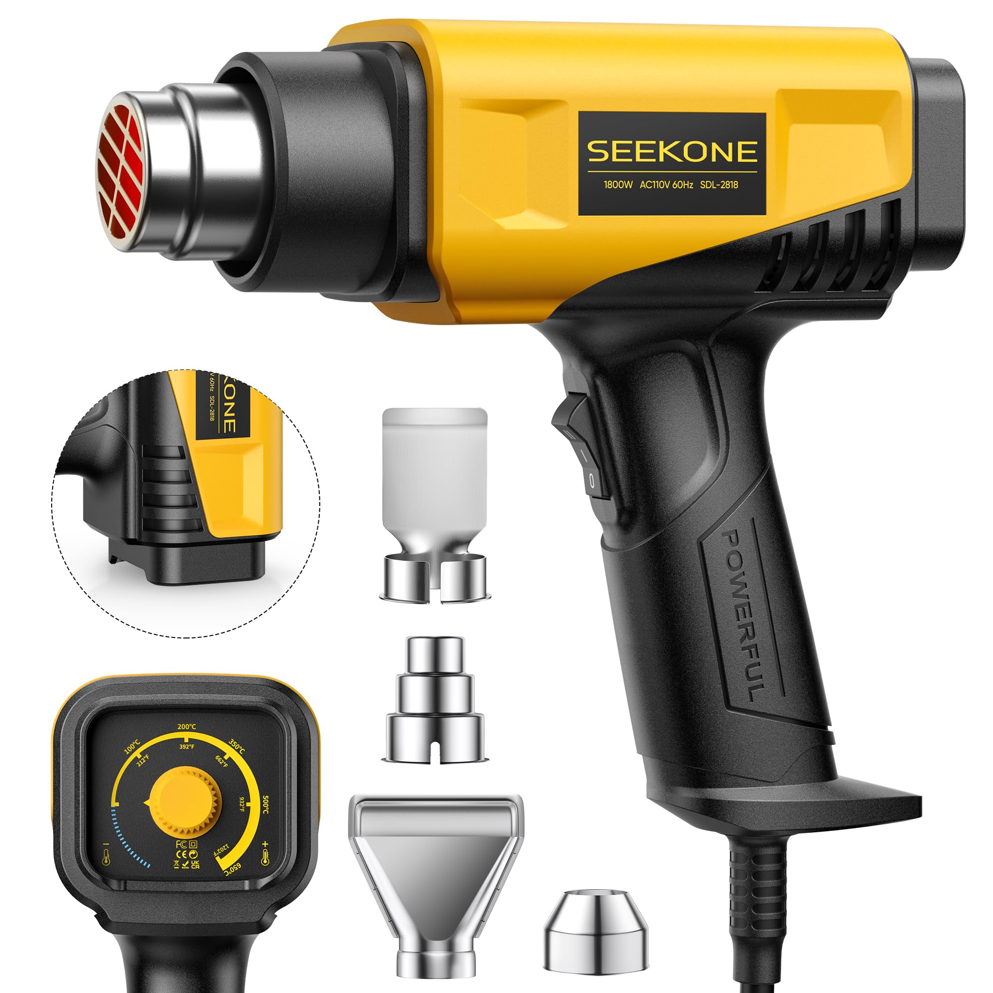 SEEKONE 1800W Heat Gun Compact Design Heavy Duty Hot Air Gun 122℉~1202℉(50℃- 650℃)Variable Temperature Control for 2 Speed Settings with 4 Nozzels for Crafts, Vinyl Wrap, Shrink Tubing