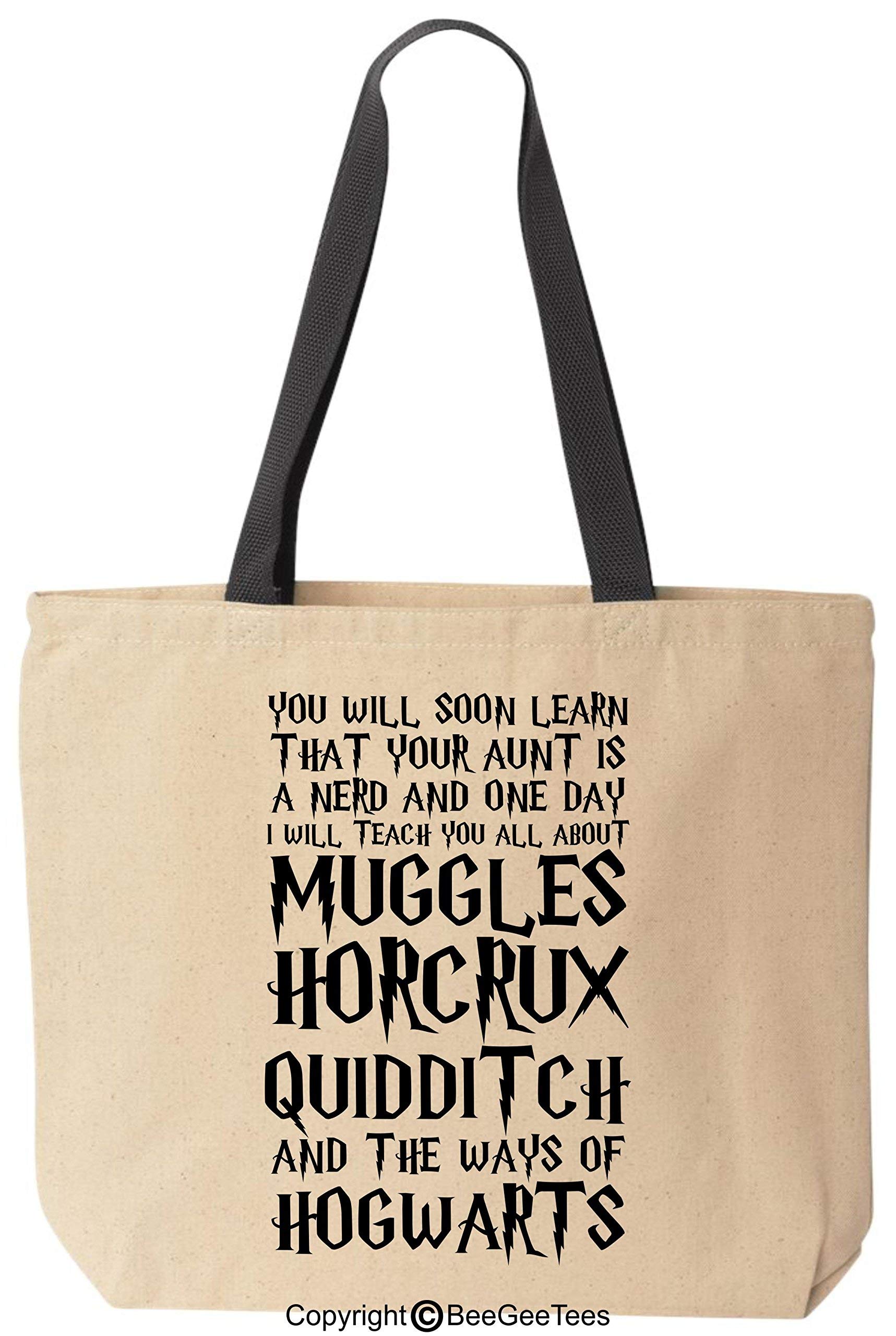 BeeGeeTees You Will Soon Learn That Your Aunt is A Nerd Funny Wizard Reusable Canvas Tote Bag (Black Handle)