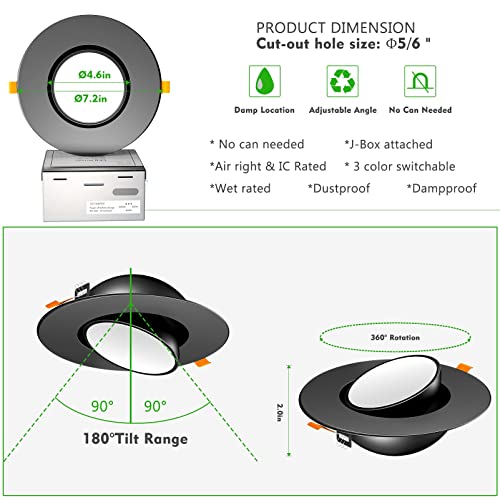 bulbeats 12Pack ๐ ๐ฒ๐๐ฎ๐น 6 Inch Gimbal LED Recessed Lighting, Recessed Lighting 6 inch 12W 1200LM Super Bright Angled Recessed Lighting 3000K/4000K/5000K Directional Downight