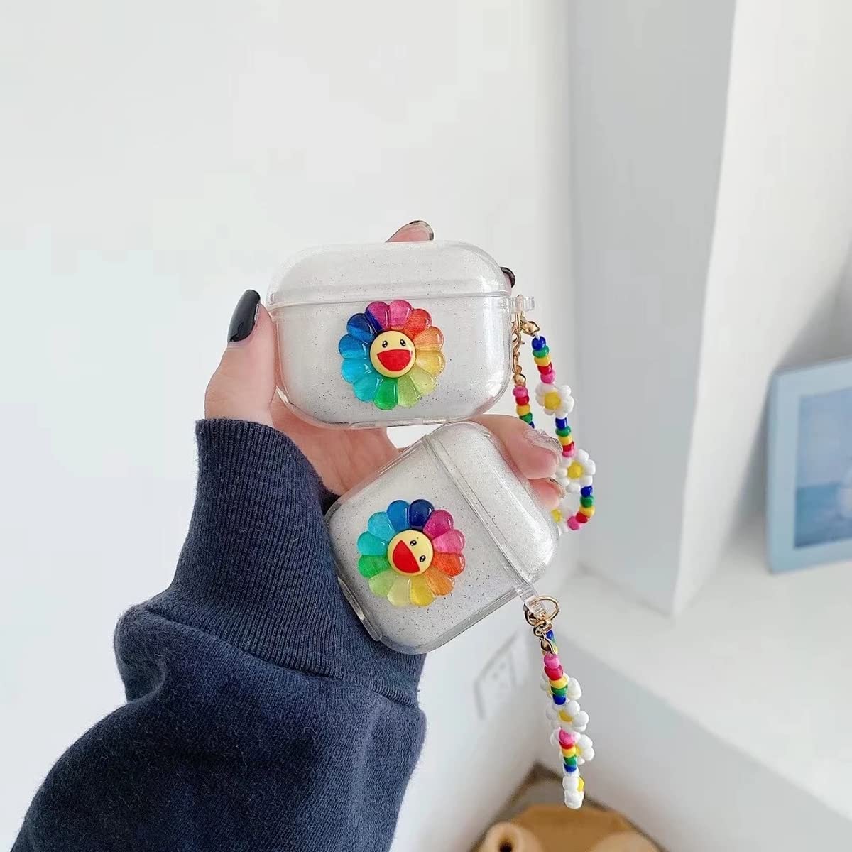 Cute AirPod Case Smile Sun Flower Bracelet Design Soft Clear Glitter Protective Cover for AirPods 1st & 2nd Generation Case