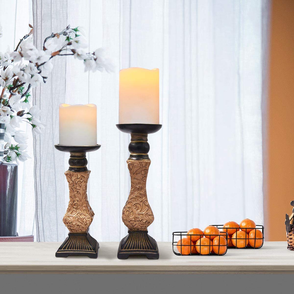 G-mart Set of 3 Gold Resin Pillar Candle Holders -12" H,10" H,8" H,Ideal for LED and Pillar Candles