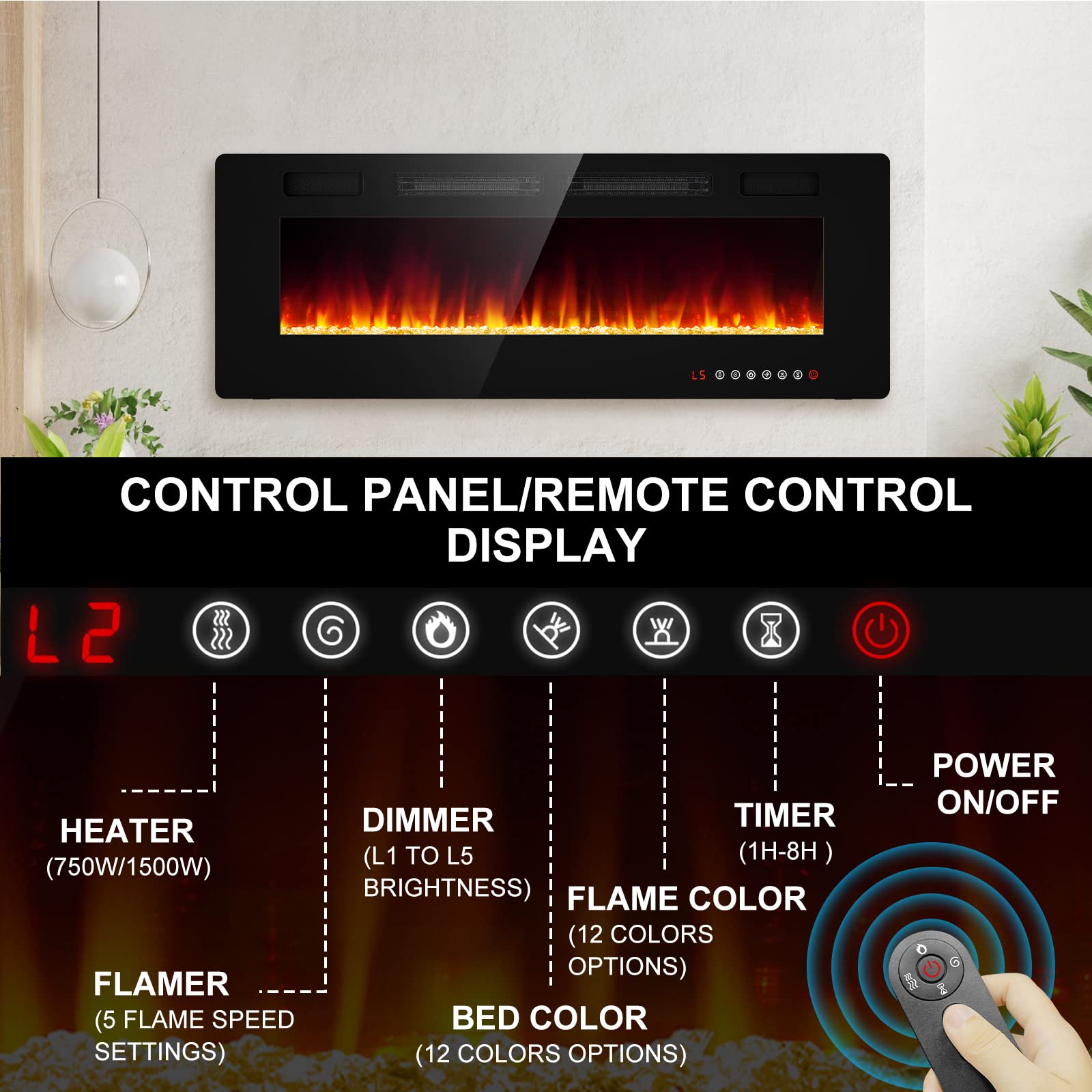 BREEZEHEAT 50 inch Electric Fireplace Wall Mounted/Freestanding-Ultra Thin Fireplace Inserts for Living Room with Double Heat Vent, Remote Control, Touch Screen, Led Flame, 8H Timer, 750w/1500w
