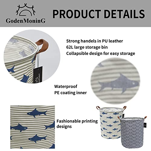 Collapsible Laundry Basket - GodenMoninG 2X 62.8L Large Sized Round Waterproof Storage Bin with Leather Handles,Home Decor,Toy Organizer,Children Nursery Hamper.(2 PACKS,Grey Striped Shark & Blue Wave)