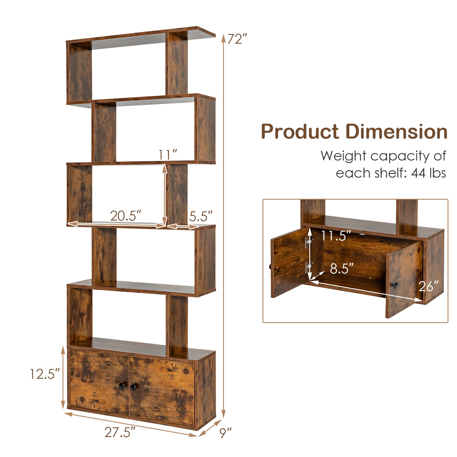 Tangkula S Shaped Bookshelf with Cabinet, 6-Tier Bookcase with Doors, Freestanding Geometric Bookshelves for Living Room, Anti-toppling Device, Home Office Wood Storage Display Shelf (1, Rustic Brown)