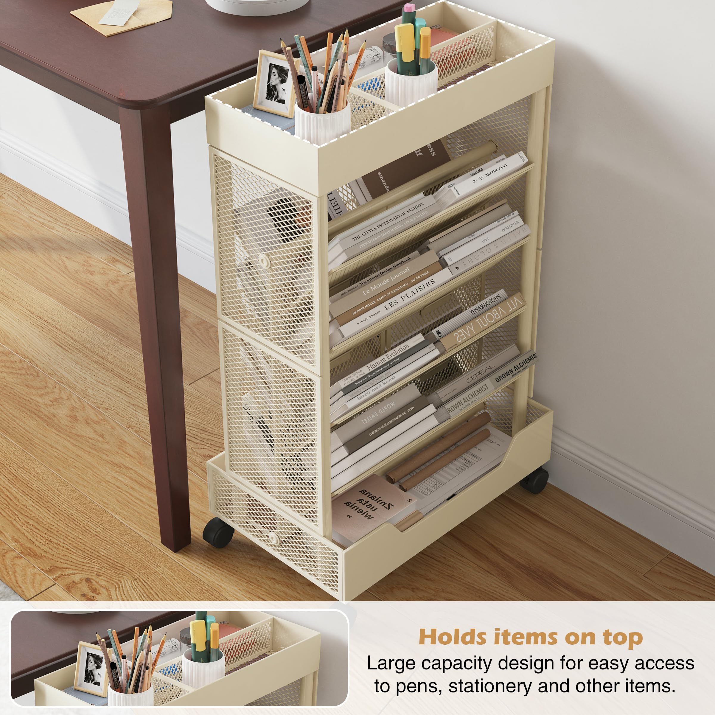 COVAODQ COAVODQ Book Cart with Wheels Mobile Bookshelf Rolling Bookshelf Organizer Bookcase Book Storage Rack, Book Movable Rolling Carts with Wheels for Home Sclool Office 5-Tier
