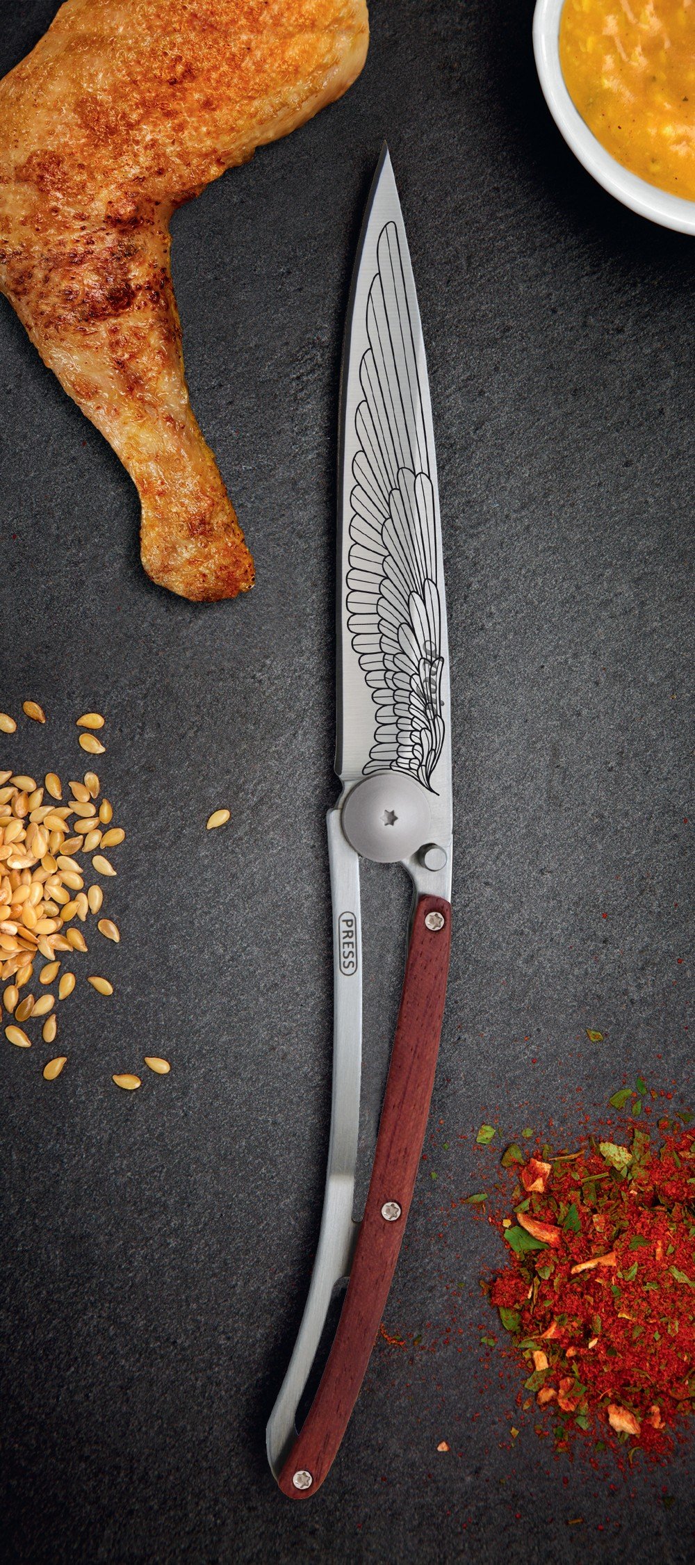 Deejo Ultra Lightweight Folding Pocket Knife with Belt Clip - Coral Wood Version 1.3 oz - Fine, Sharp Blade -Wing Pattern - Stainless Steel - Elegant and Modern Design