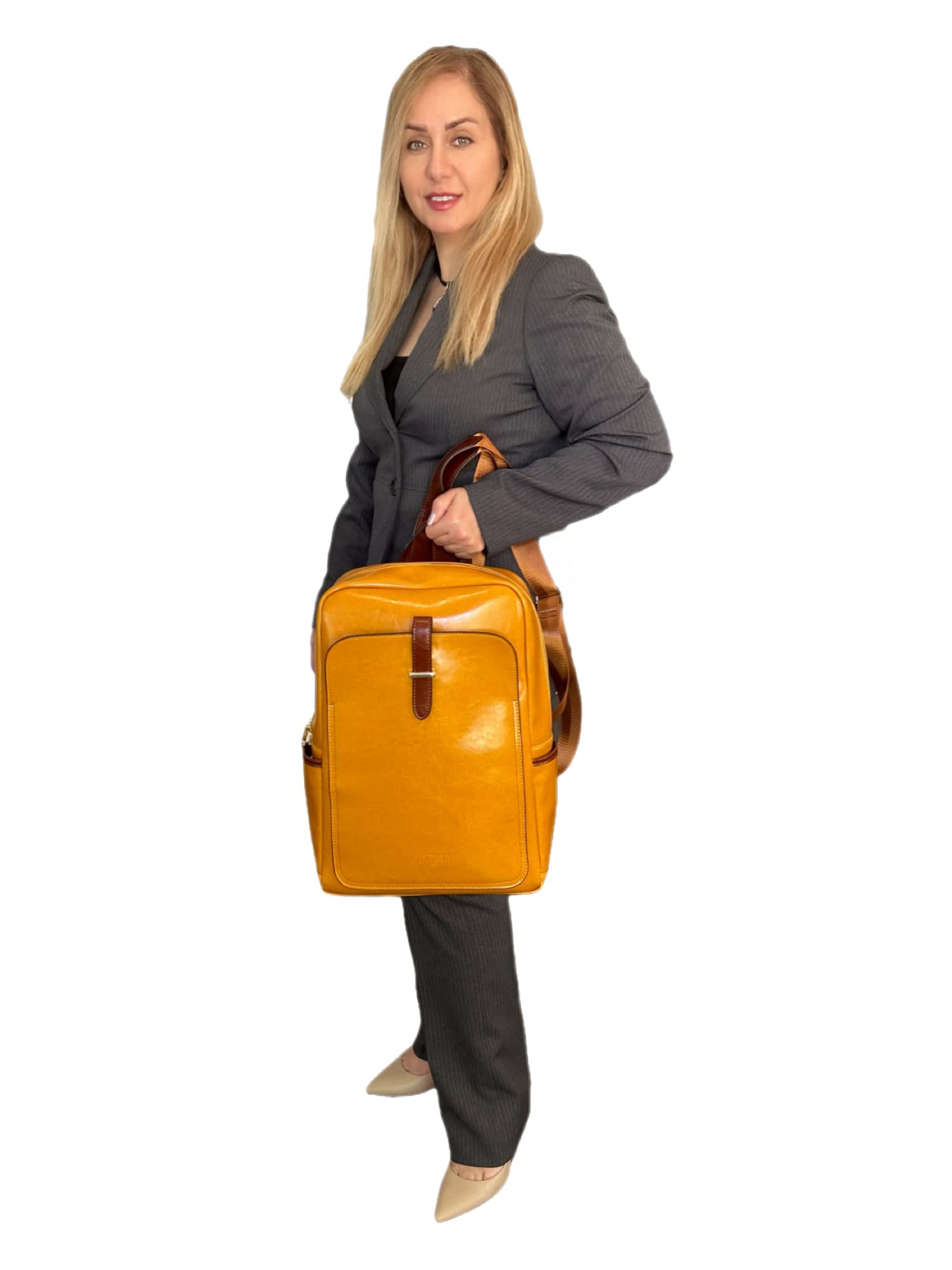 ARKIA Women's Genuine Leather Large Laptop Backpack - College Travel Business Daypack (Yellow)