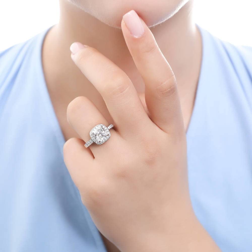 BERRICLE Sterling Silver Halo Wedding Engagement Rings Cushion Cut Cubic Zirconia CZ Ring for Women, Rhodium Plated Size 7