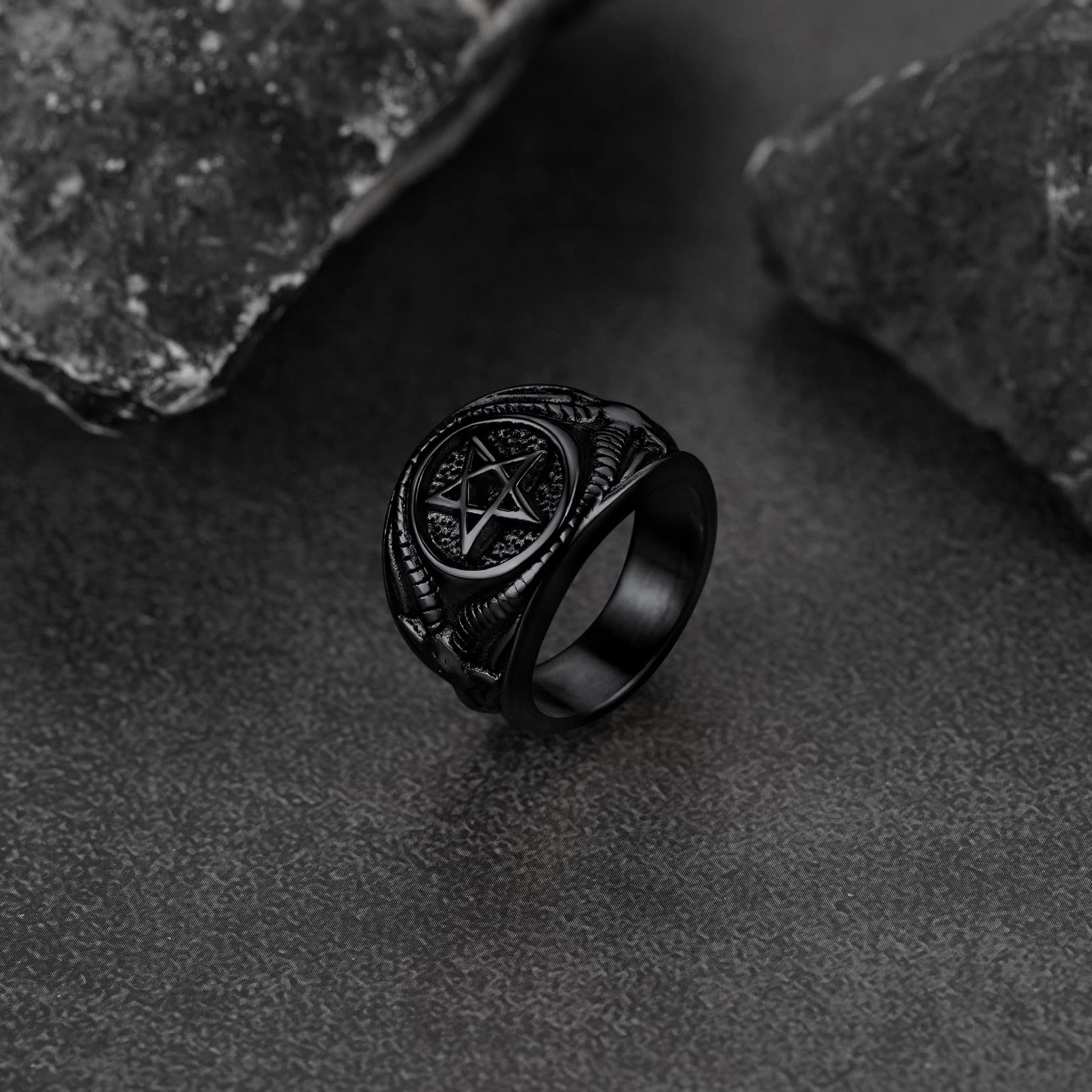 Baphomet Goat Biker Signet Rings Women Black Stainless Steel Satan Inverted Pentacle Pinky Finger Jewelry