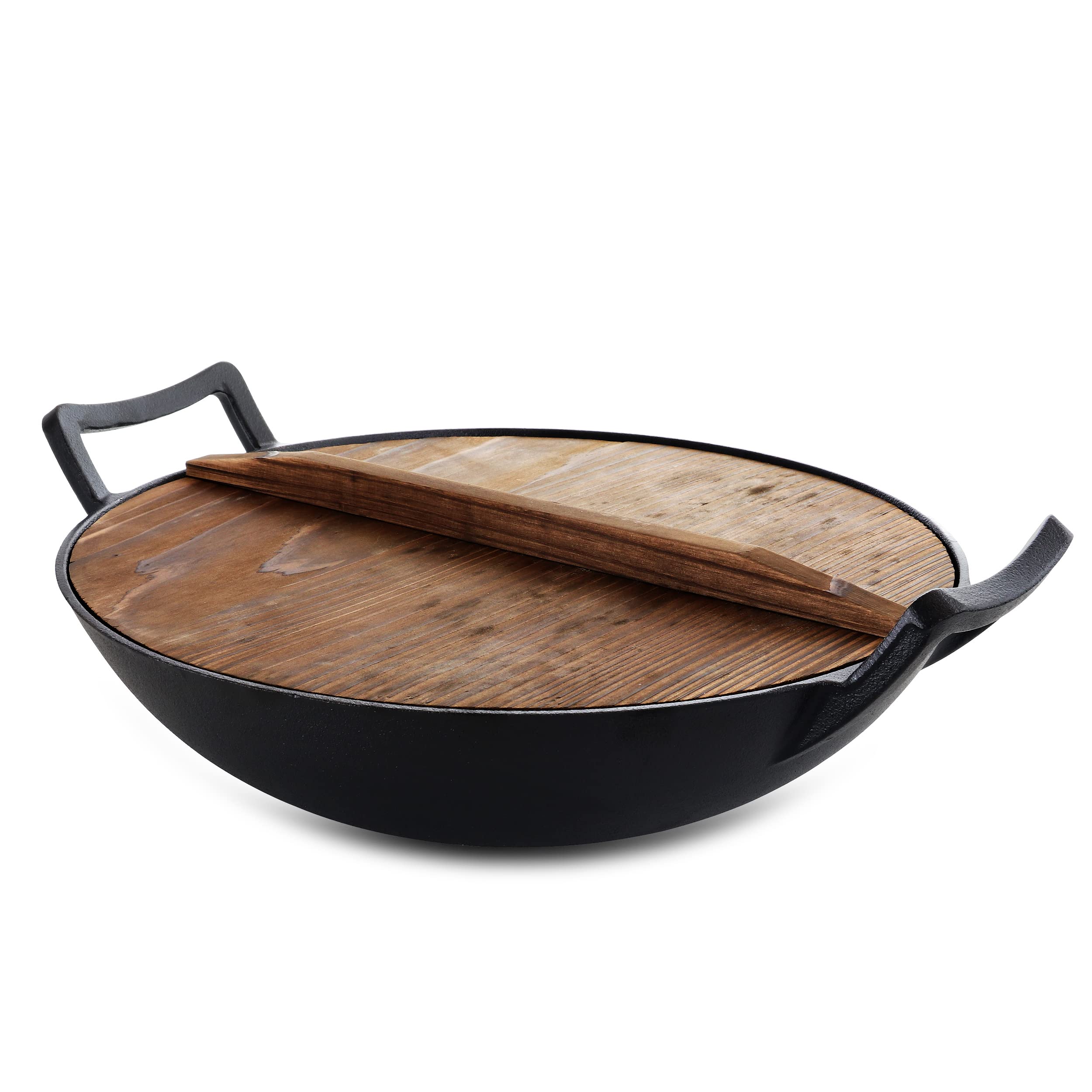 MegaChef 2 Piece 14 Inch Heavy Duty Cast Iron Wok with Wood Lid