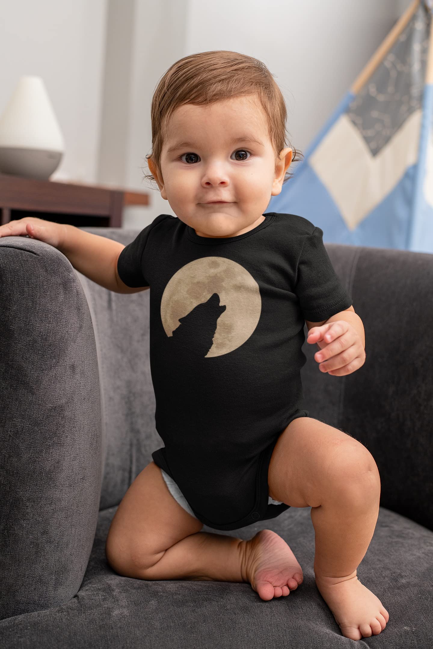 Wolf Howling Moon Silhouette Soft Baby One Piece Black 3 Month