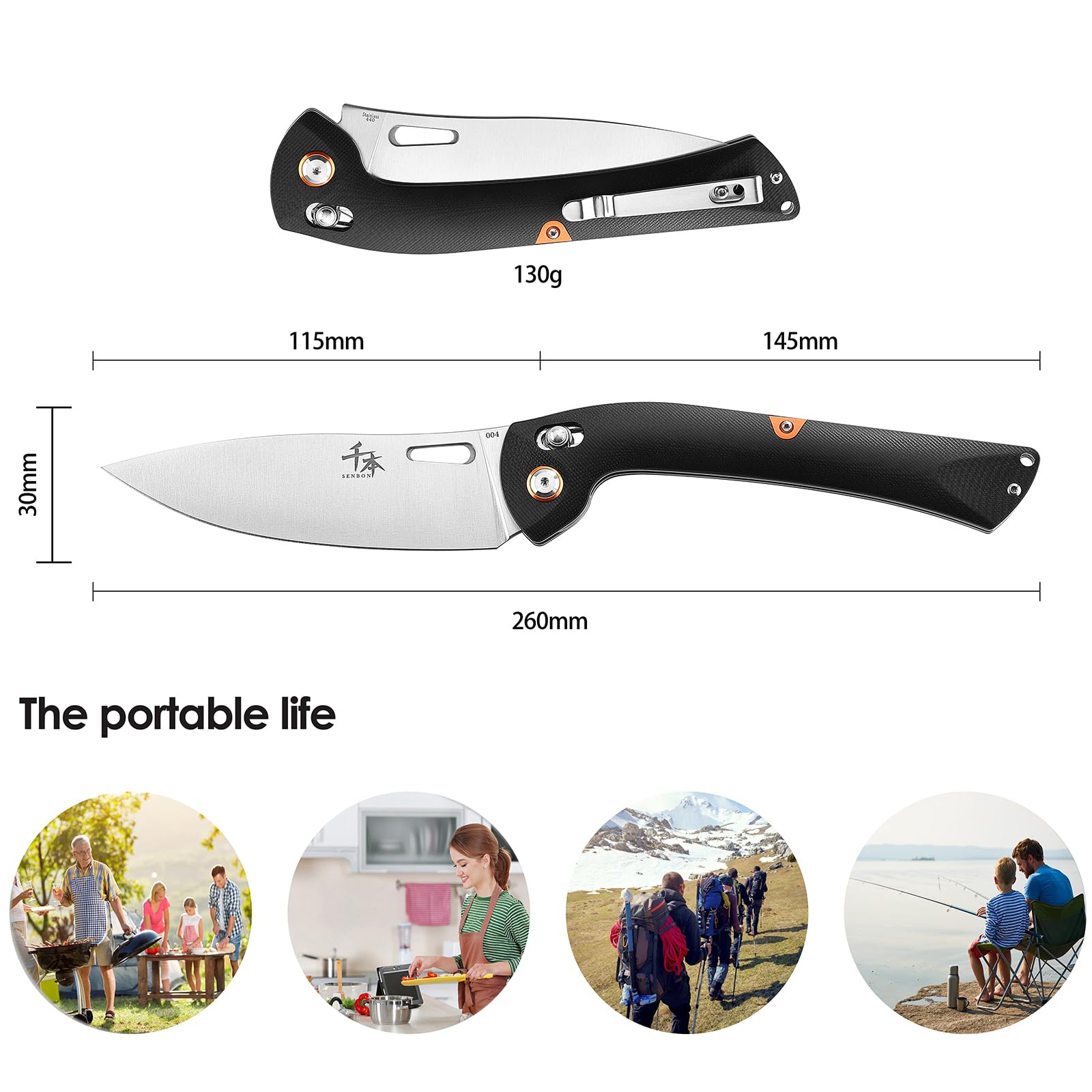 SENBON 440 Stainless Steel Lightweight Ultra Sharp Pocket Folding Chef Knife Peeling Utility Knife Fruit Knife g10 Handle with Back Clip