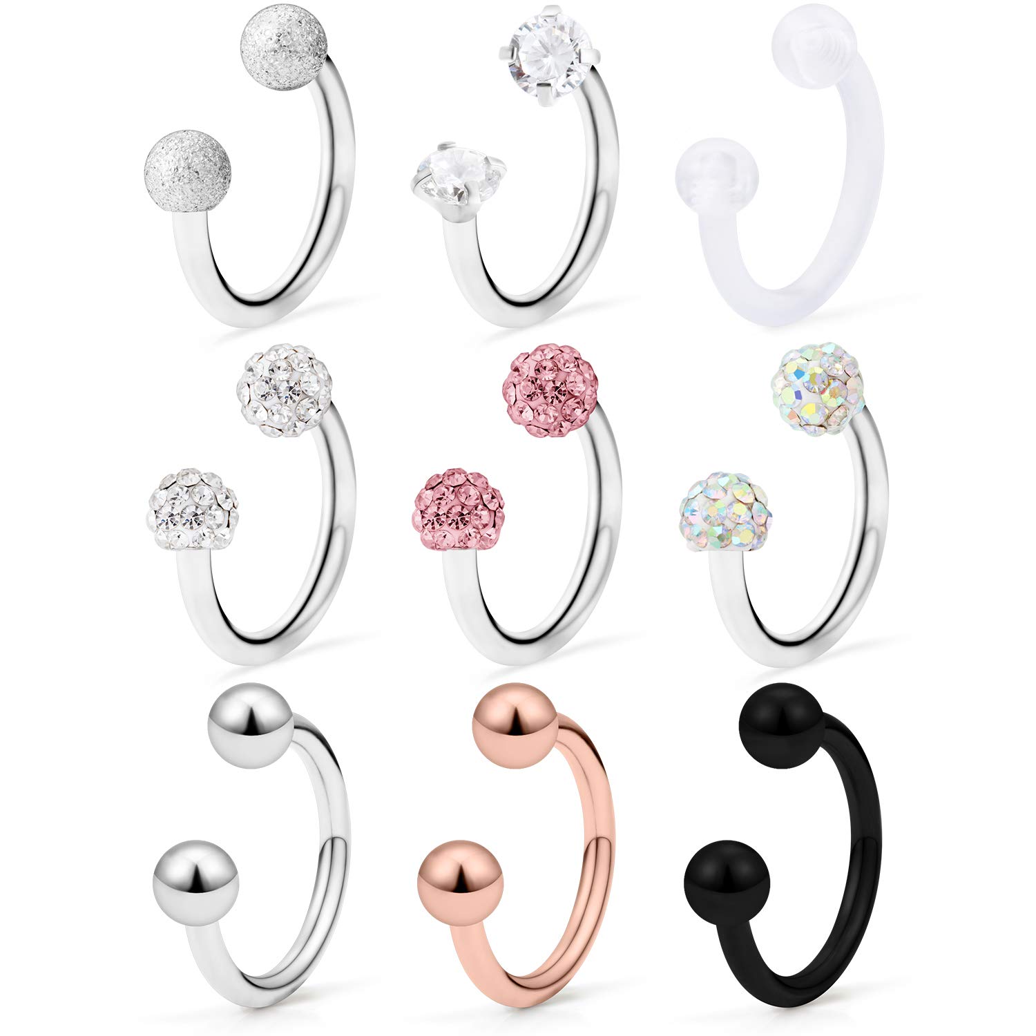 Hoeudjo 9PCS 16G Surgical Steel Lip Hoop Ring Crystal Cubic Horseshoe Barbell Tragus Cartilage Earring Helix Daith Hoop Piercing Body Piercing Jewelry Retainer for Women Men 8mm Silver-Tone
