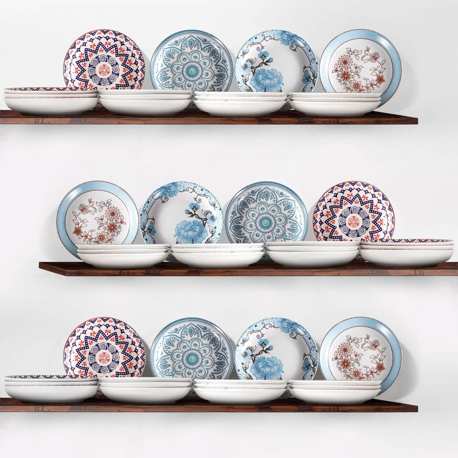 Artena Pasta Bowls Set Of 4, 20oz Porcelain Salad Bowls, 8 Inch Bowls For Kitchen, Colorful Dinner Plates & Solid Soup and Sandwich Plate Combo, 16 oz Soup Bowls/Mugs/Cups with Handles