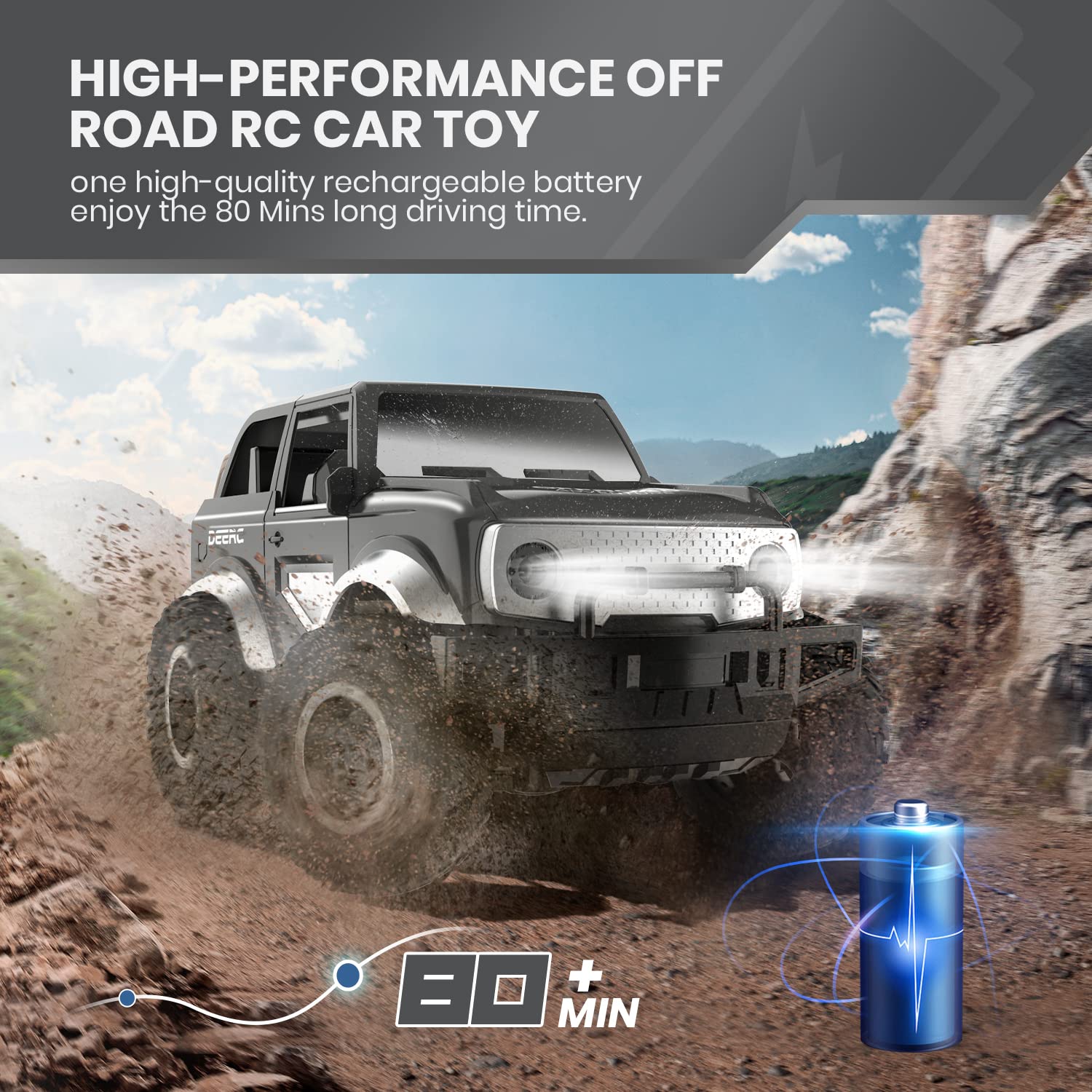 DEERC Remote Control Jeep Car with Realistic Headlight & Taillight, 160 Mins Play SUV Vehicle with Spare Tire, 2.4Ghz 1:18 All-Terrain Monster Trucks for Boys, Off-Road RC Trucks Gift for Kids