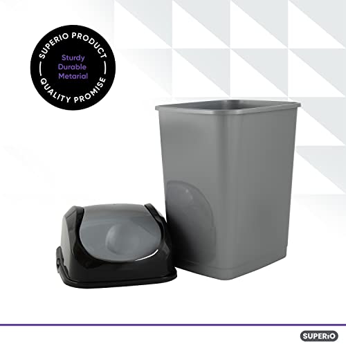 Superio Compact Slim Trash Can 4.5 Gallon With Swing Top Cover (Gray and Black) 18 Liter