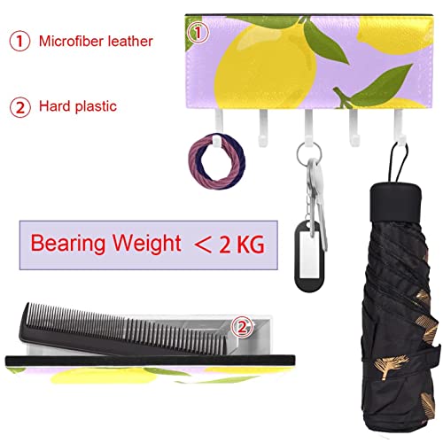 Colorful Hand Drawn Lemon Pattern Mail Holder Organizer and Key Hooks PU Front, Self Adhesive Key Rack with 5 Hooks Perfect for Entryway, Hallway,Bathroom ,Kitchen