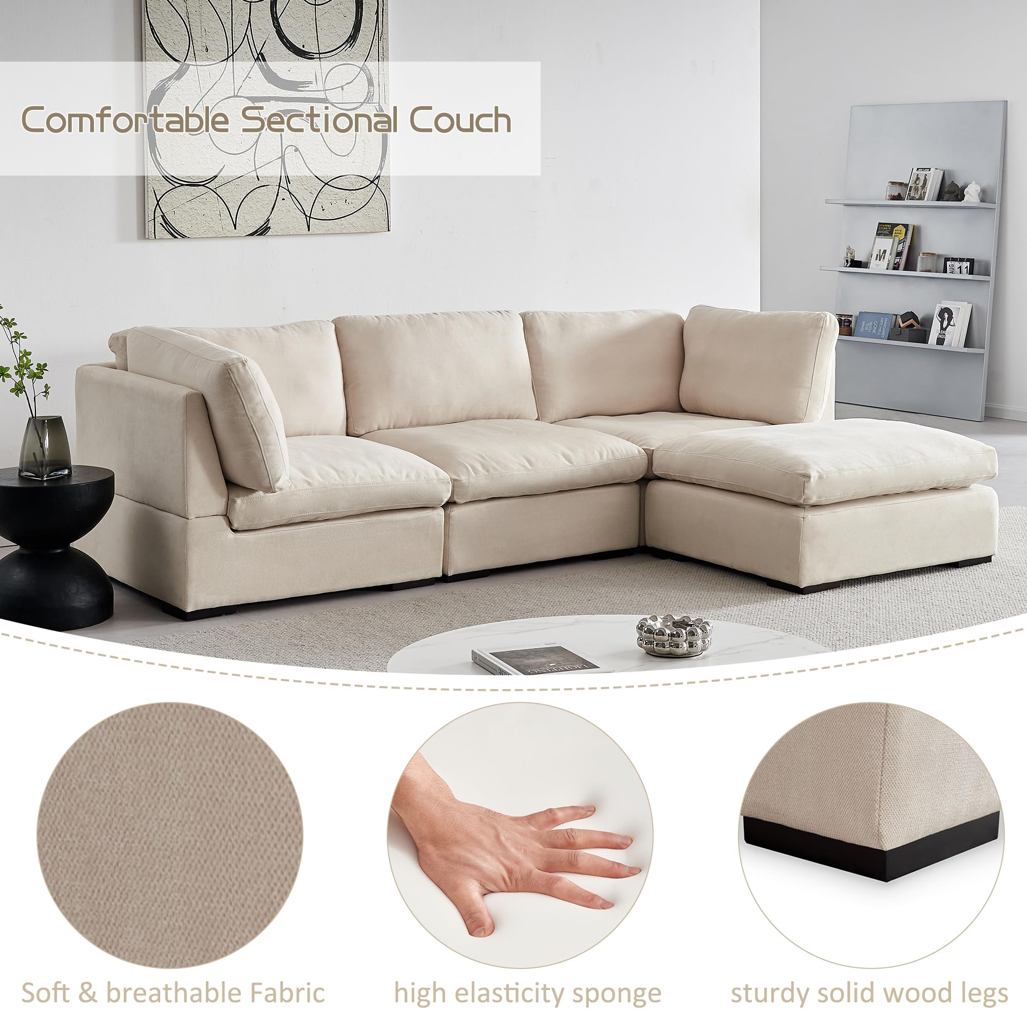 GNIXUU 99" Modular Sectional Sofa Cloud Couch with Feather Filled for Living Room, Modern Comfy Upholstered 4-Seater L-Shaped Sofa Couch with for Bedroom, Apartment, Free Combination(Beige)