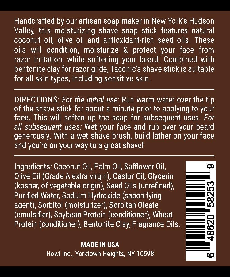 Taconic Shave Shaving Soap Stick with Antioxident Rich Seed Oils for a smooth shave (Bay Rum)