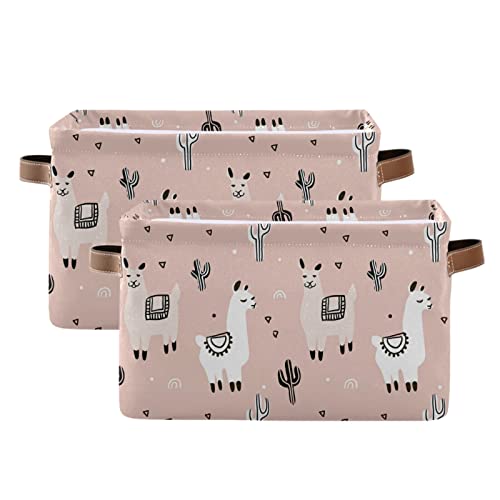 Cartoon Llama Alpaca Cactus Storage Bin Canvas Toys Storage Basket Bin Large Storage Cube Box Collapsible with Handles for Home Office Bedroom Closet Shelves,2 pcs