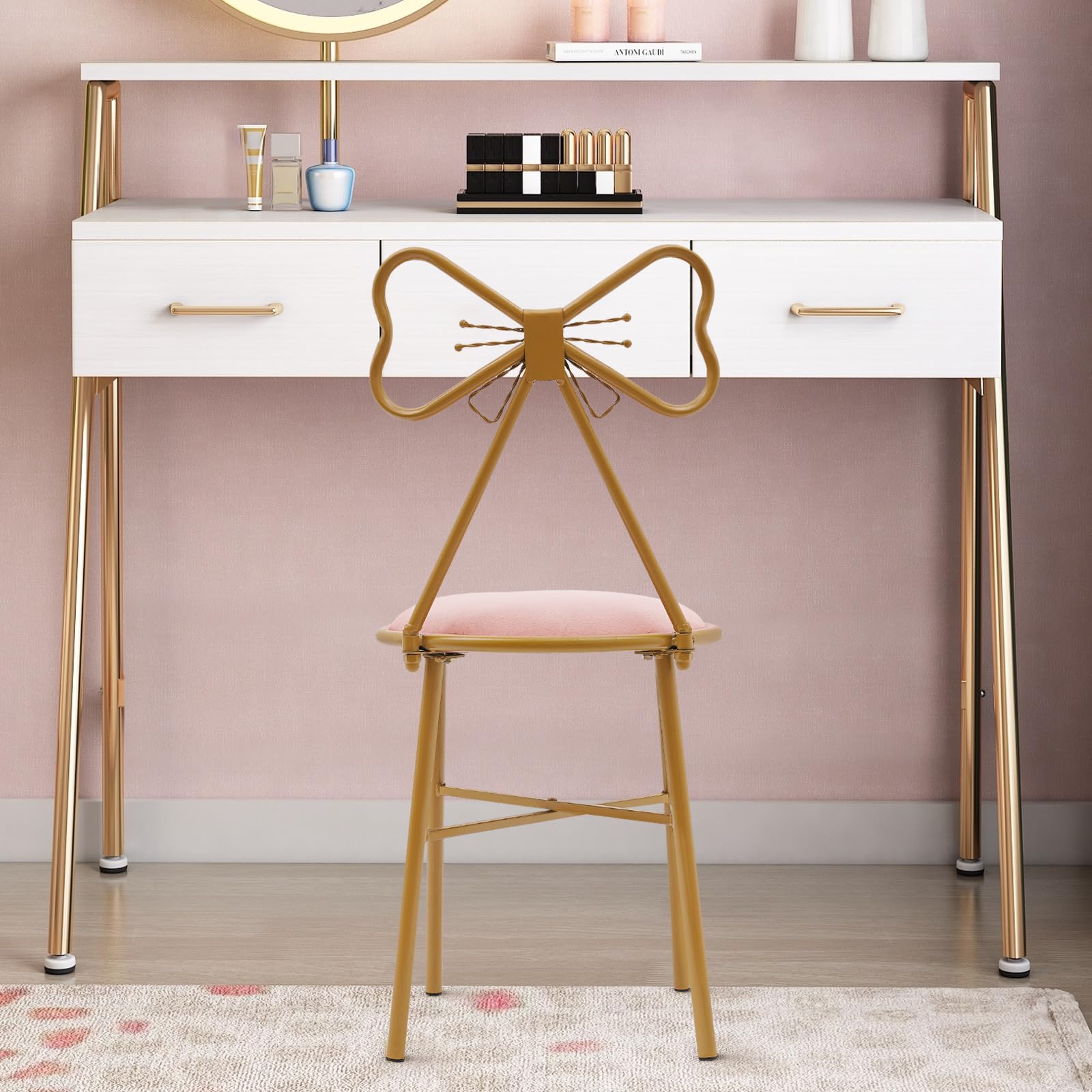 Modern Stylish Pink Bow Shaped Backrest Princess Chair Girls Ladies Creative Makeup Stool with Golden Frame for Indoor Decor Bedroom Coffee Shop