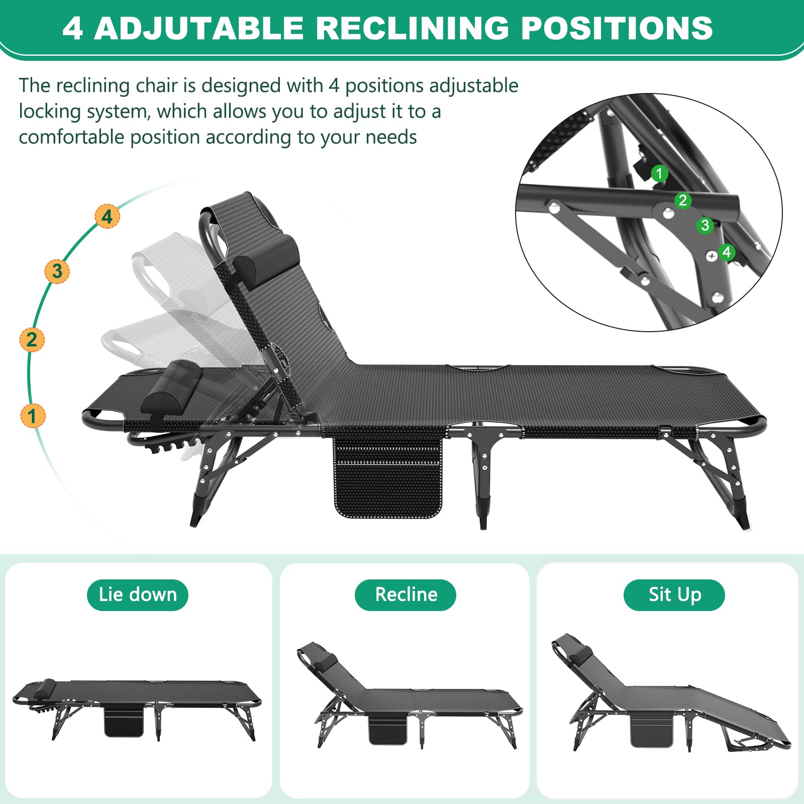 Barbella Folding Camping Cots Sleeping Cots for Adults, Adjustable 6-Position Folding Chaise Outdoor Patio Lounge Chairs, Portable Folding Bed Reclining Chair for Camping Pool Beach Patio Sun Tanning