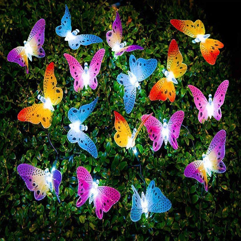 Garden Solar Lights Butterfly String Lights Waterproof Fiber Optic Butterfly Shaped 16 LED Multicolor lamp for Garden Lawn Patio Wedding Party Festival Christmas Outdoor Decoration (Multicolor)