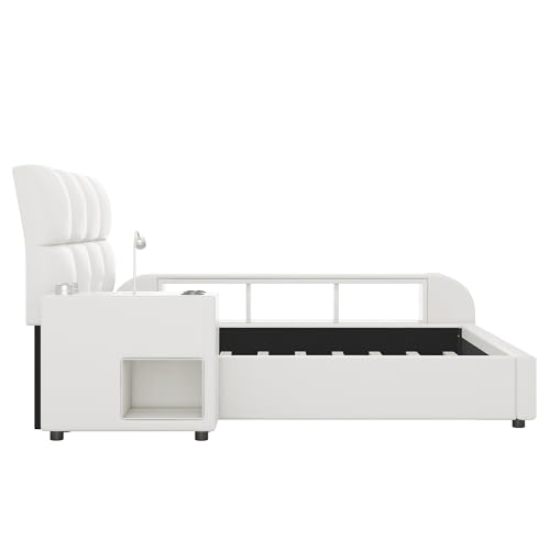 EOVTK Queen Size Upholstered Platform Bed with Built-in Multimedia Nightstand and Storage Shelves, Faux Leather Platform Bed Frame with 2 Cup Holders, Light and Charging Station, White