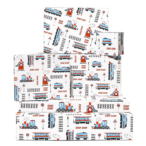 CENTRAL 23 Train Wrapping Paper for Boys - 6 White Gift Wrap Sheets and Tags - Vintage Trains Tracks - For Kids - Men - Comes with Stickers - Recyclable