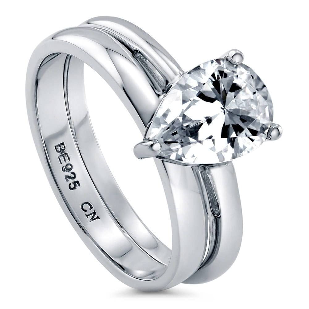 BERRICLE Sterling Silver Solitaire Wedding Engagement Rings 1.8 Carat Pear Cut Cubic Zirconia CZ Ring Set for Women, Rhodium Plated Size 6