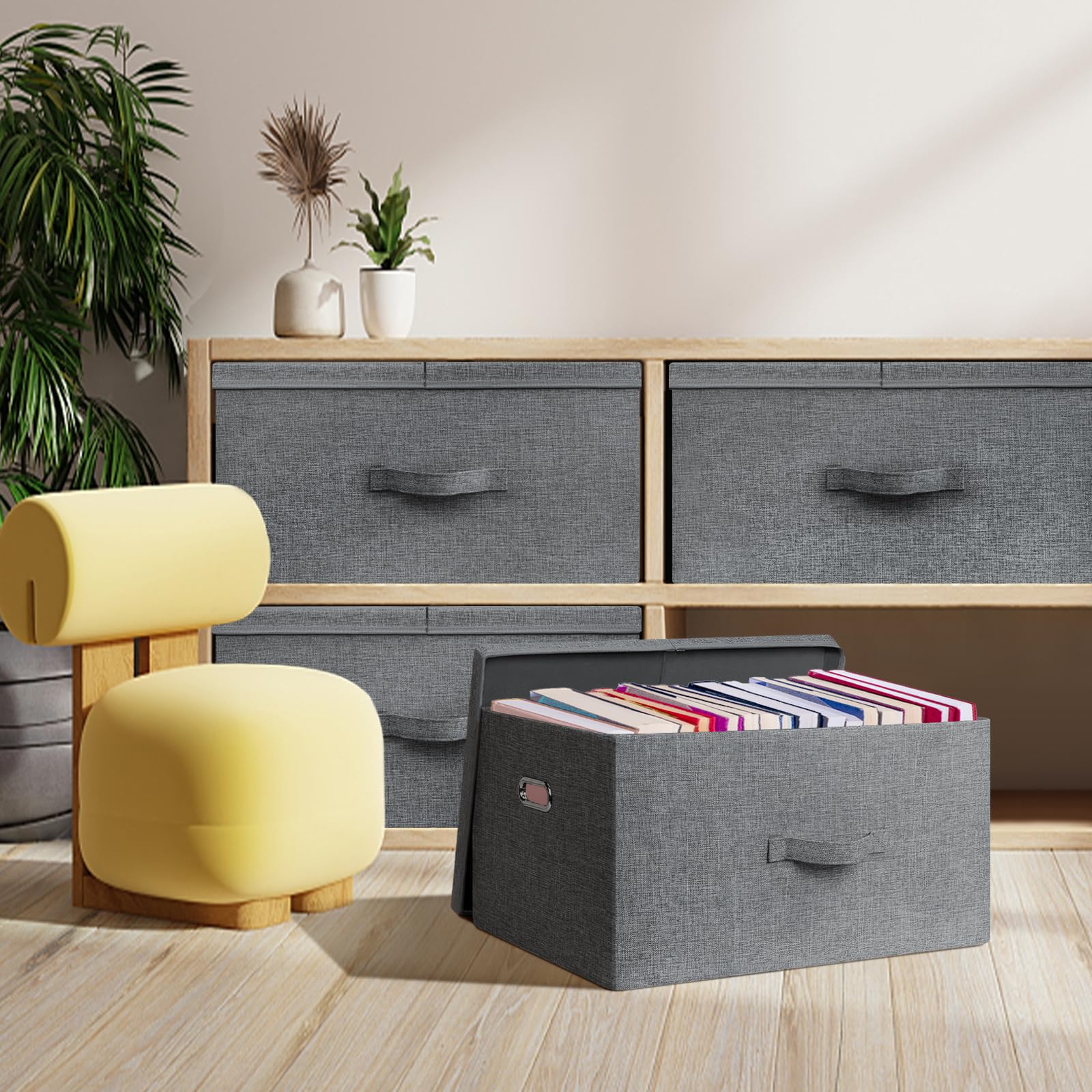 Bellzacasa Extra Large Collapsible Storage Bins with Lids, 3 Pack Linen Fabric Foldable Storage Bin Cube with 4 Handles, Storage Baskets Box for Home, Office, Closet, Gray, 22.8x15.7x11.8β