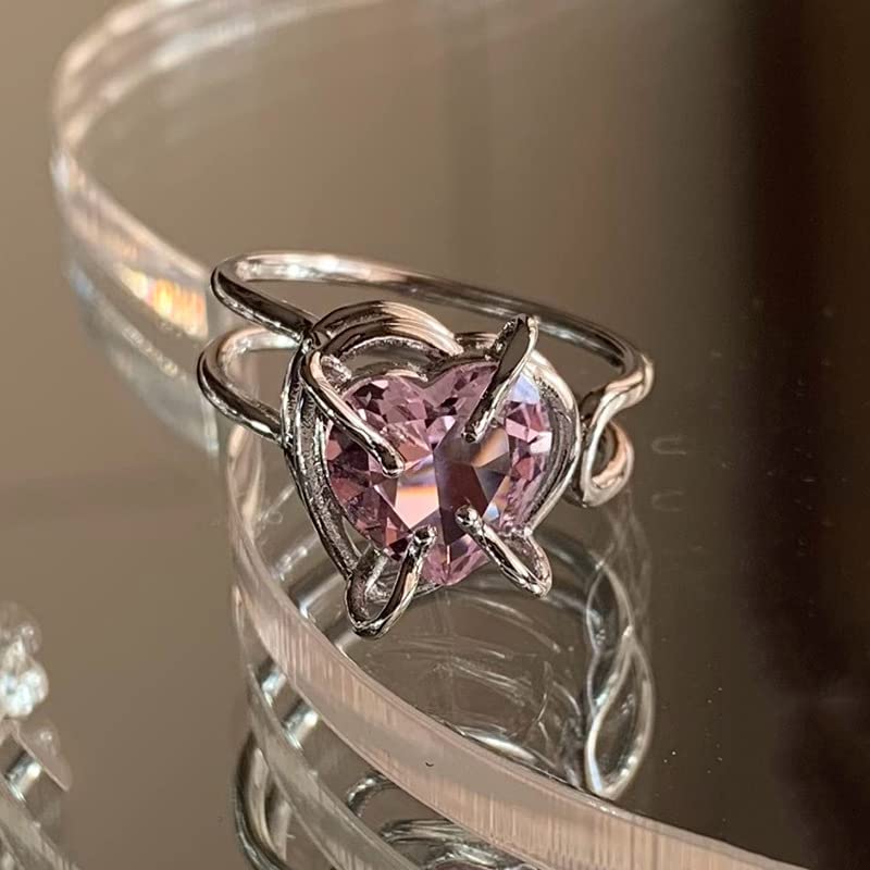 BENBIYO 8PCS Pink Crystal Rhinestones Rings Set Coquette Adjustable Heart Sparkling Stackable Knuckle Finger Ring for Women Girls