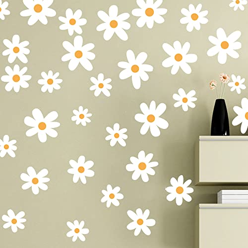 Runtoo White Daisy Flower Wall Art Stickers Boho Floral Wall Decals for Nursery Living Room Girls Bedroom Wall Decor