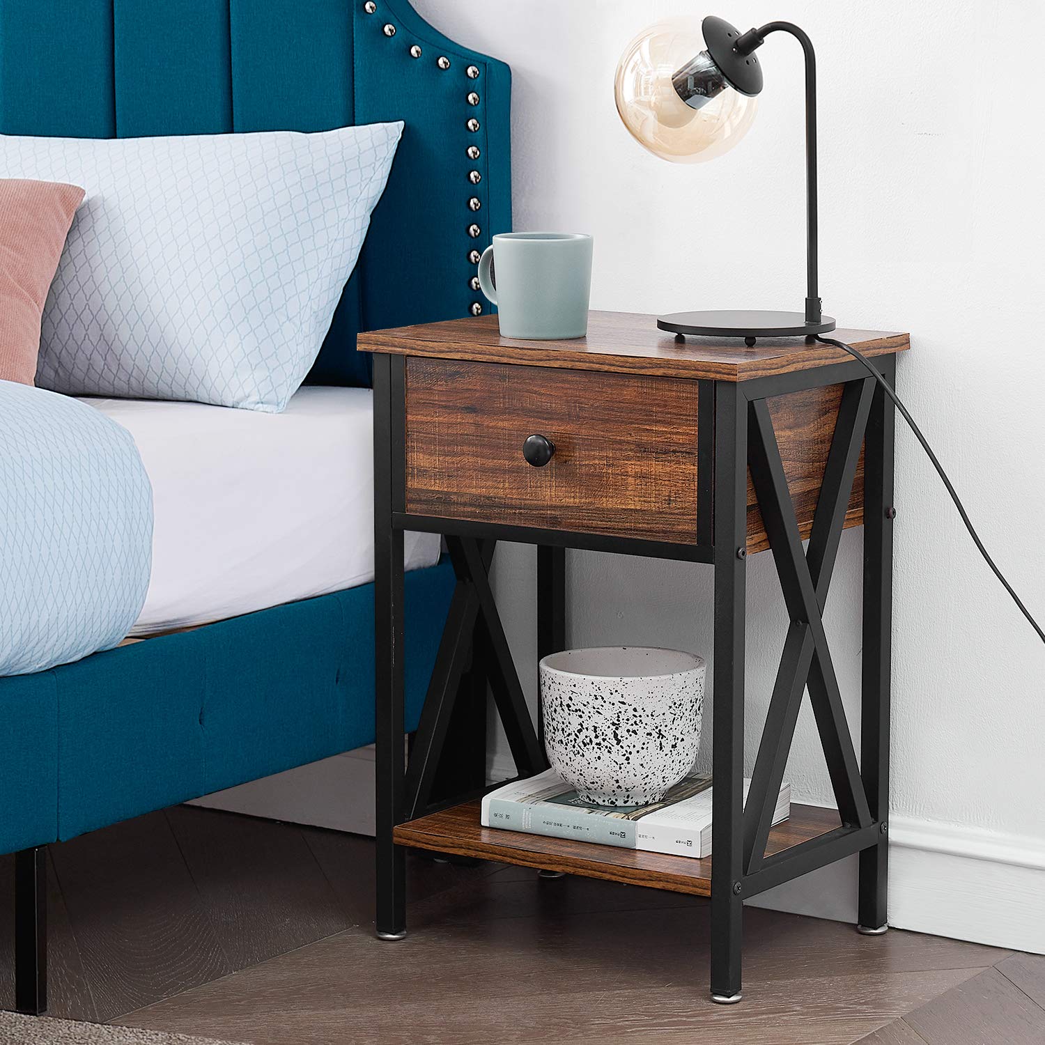 VECELO Nightstands, Modern End Side Tables,Night Stand Set of 2 with Drawer &Storage Shelf for Bedroom Living Room Lounge