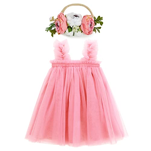 Century Star Tulle Tutu Dress Baby Toddler Girls First Birthday Outfit 1 One Year Old Gifts Easter Festival Dress Up Sundress with Flower Headband Light Pink 12 Months