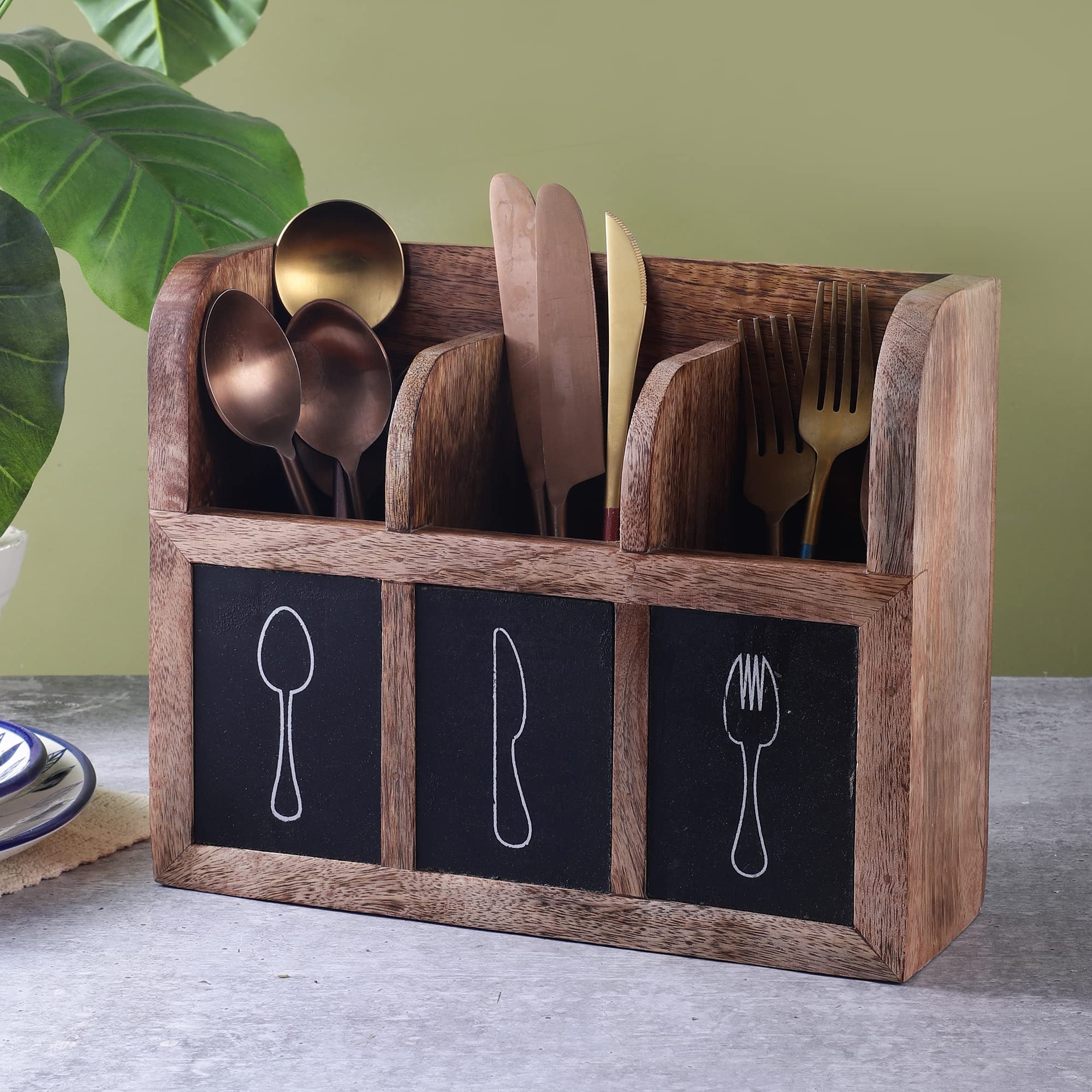 CASA INDIA Natural Wood Countertop Organizer 3-Compartment Utensil Caddy with Wooden Handle 11.5 X 9 inch