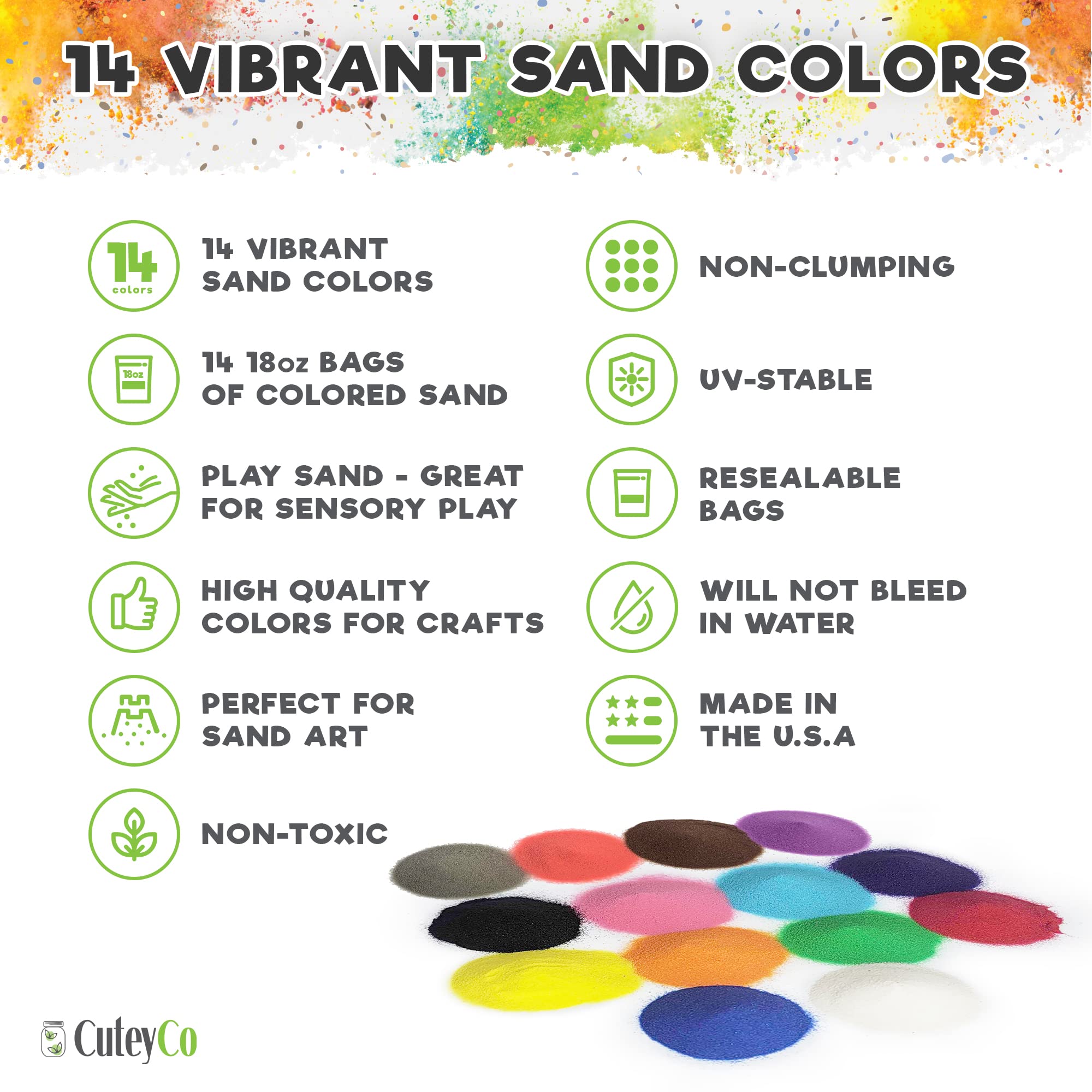 CuteyCo Crafty Sand Pack - 14 Colors: 15 lbs of Vibrant Craft Sand & Play Sand