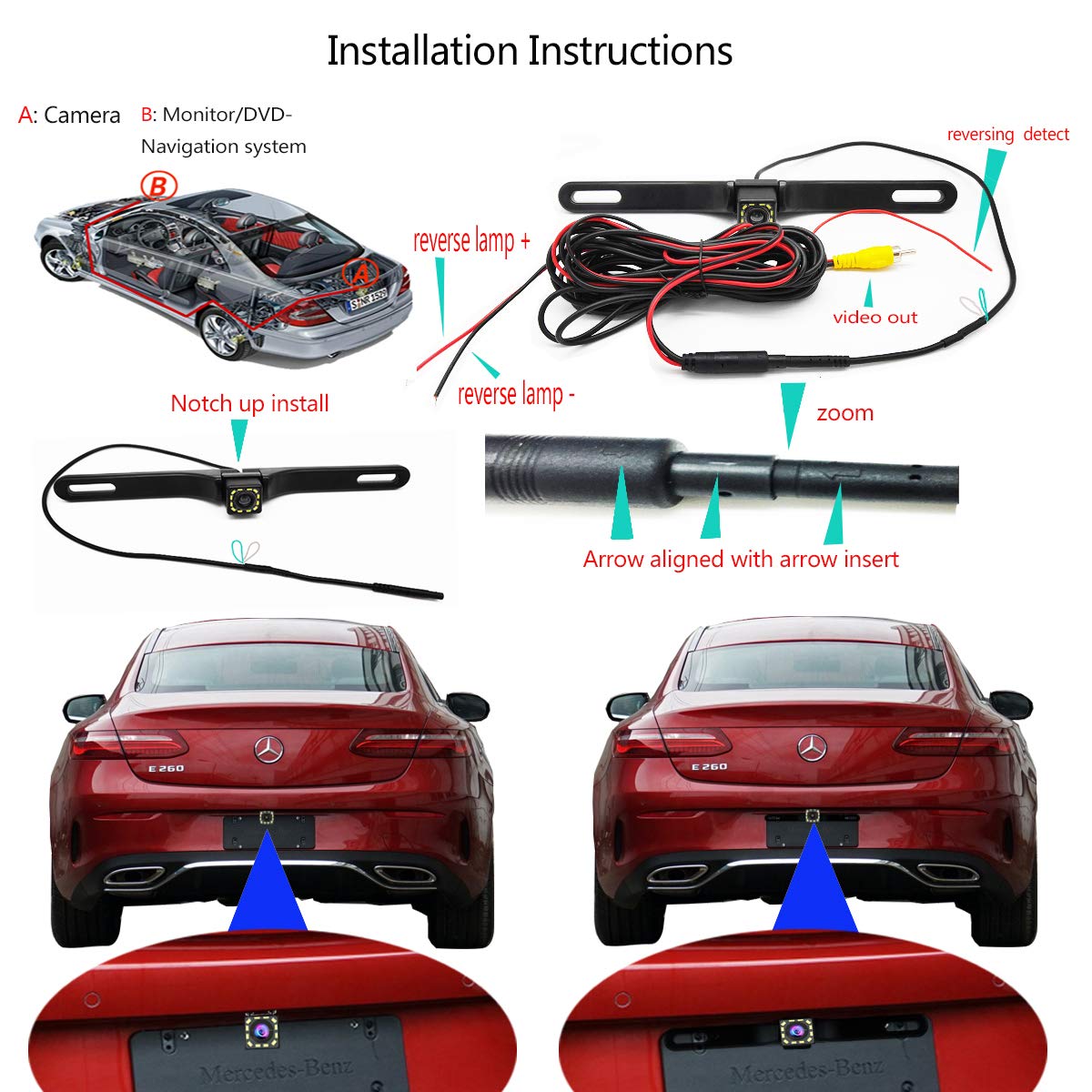 Backup Camera for Car HD 12 LED Wide View Angle 2-in-1 Universal Rear View Reverse Camera 2 Installation Options Removable Guildlines 12V only
