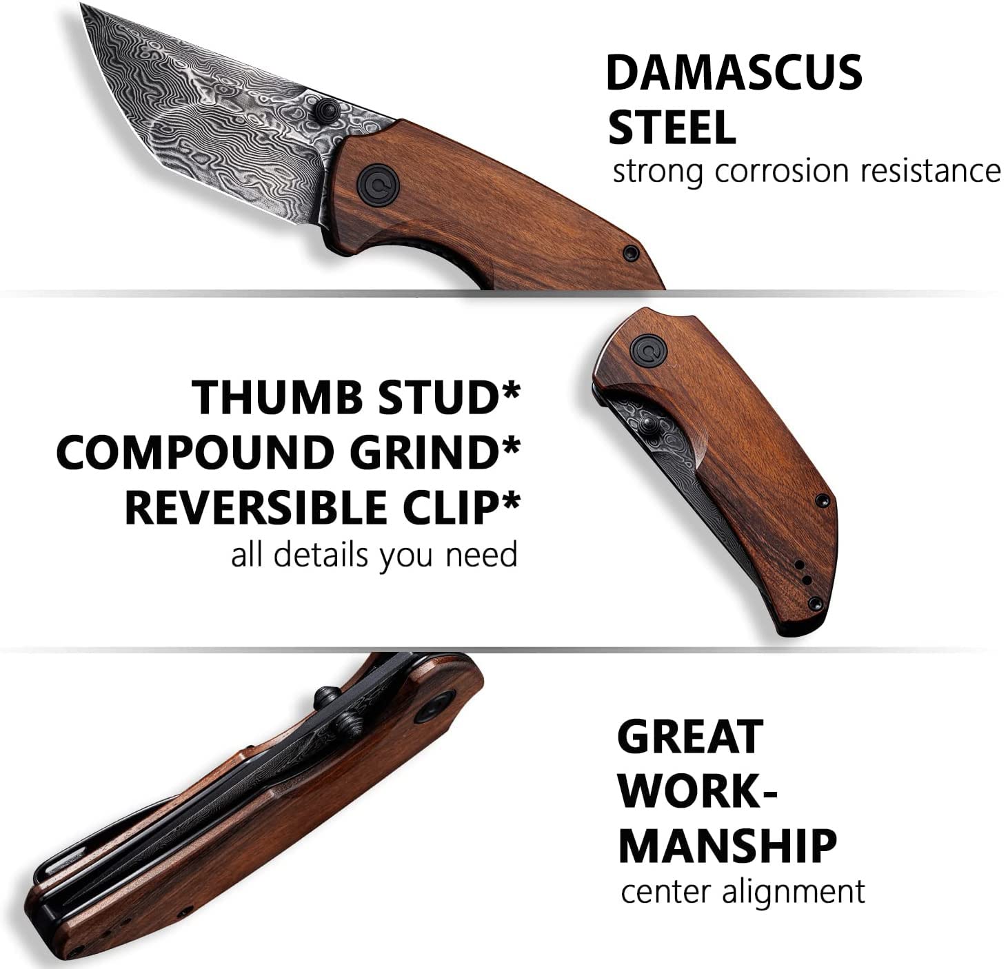 CIVIVI Thug 2 Pocket Knife for EDC, Matthew Christensen 2.69inch Damascus Blade Cuibourtia Wood Handle with Thumb Stud and Reversible Pocket Clip, Folding Knife for Utility Hiking Camping Fishing Work Outdoor C20028C-DS1