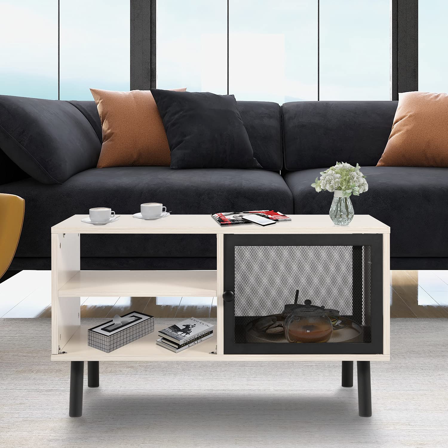 LTMEUTY Coffee Table for Living Room, Mid-Century Modern Coffee Table with Double Mesh Doors & Open Storage Shelves, Wood and Metal Cocktail Table, Accent Furniture, White Wood Grain