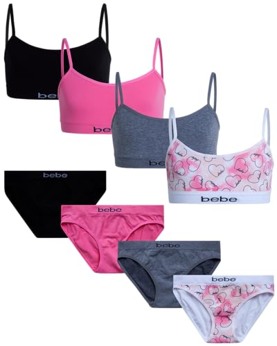 bebe Girls' Underwear Set - Seamless Cami Training Bra and Matching Panties (8 Piece), Size Medium, Tie Dye Hearts