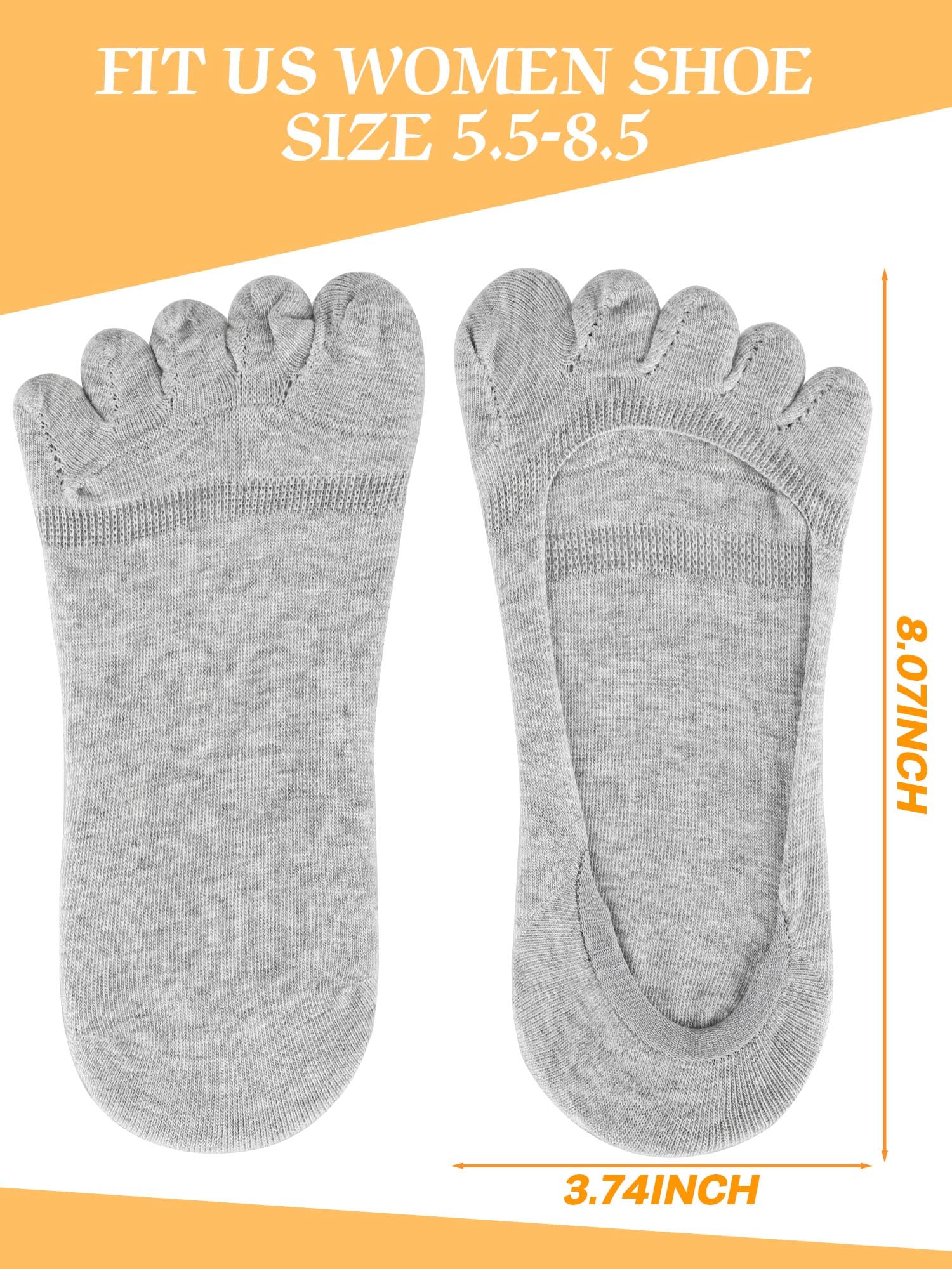Bencailor 6 Pairs No Show Toe Socks Women Low Cut Toe Separator Socks Invisible Liner Boat Breathable Athletic Cotton Sock(Black, White, Gray)