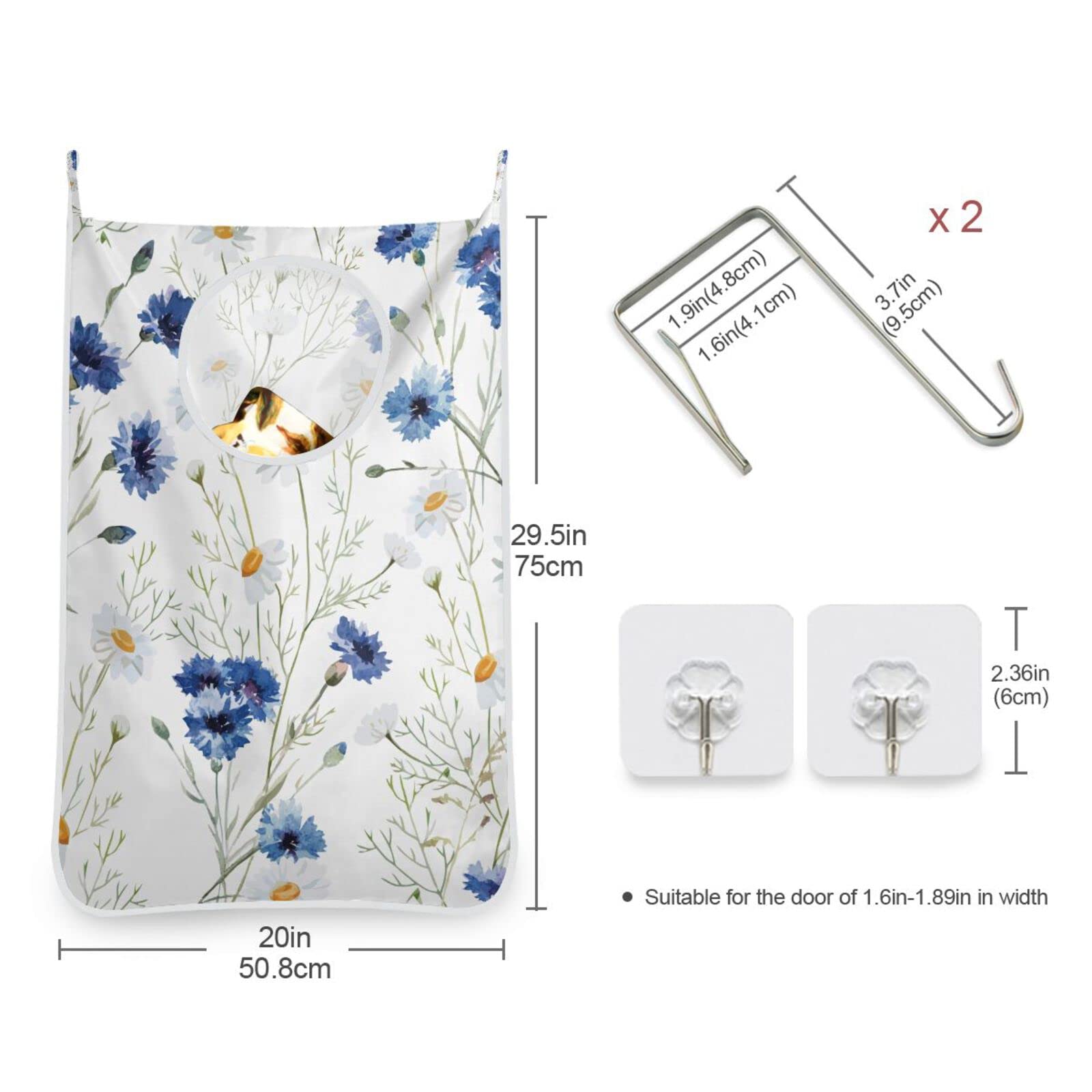ElliTarr Door Hanging Laundry Hamper Bag with Free Adjustable Stainless Steel Hooks Dirty Clothes Hamper Extra Large Over the Door Laundry Hamper White Floral Daisy 29.5X20inch 1 PCS