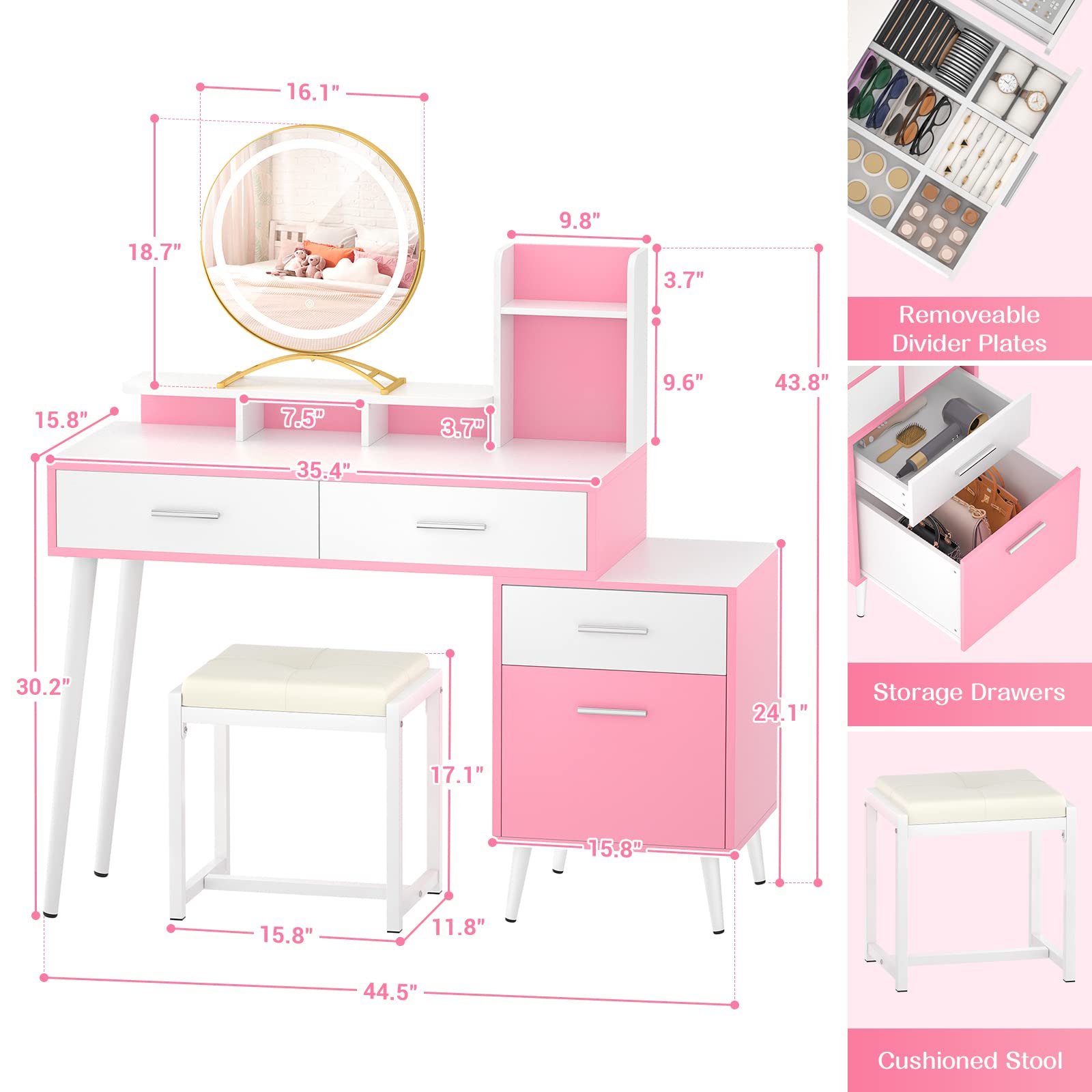 armocity 45 Inches Vanity Desk with Lights, Bright Color Makeup Vanity Table Set with Mirror, Large Dressing Table with Stool for Bedroom, Bathroom, Small Space, 3 Adjustable Lighting Modes, Pink