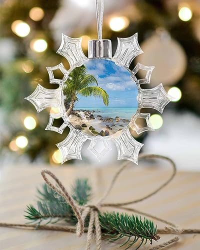 Christmas Snowflake Hanging Ornaments,Palm Tree Beach Sea Cloud Blue Sky Island Reef Stone Round Decorative Ornaments for Xmas Tree Home Party Holiday Decoration Supplies 3.3in,1 Piece