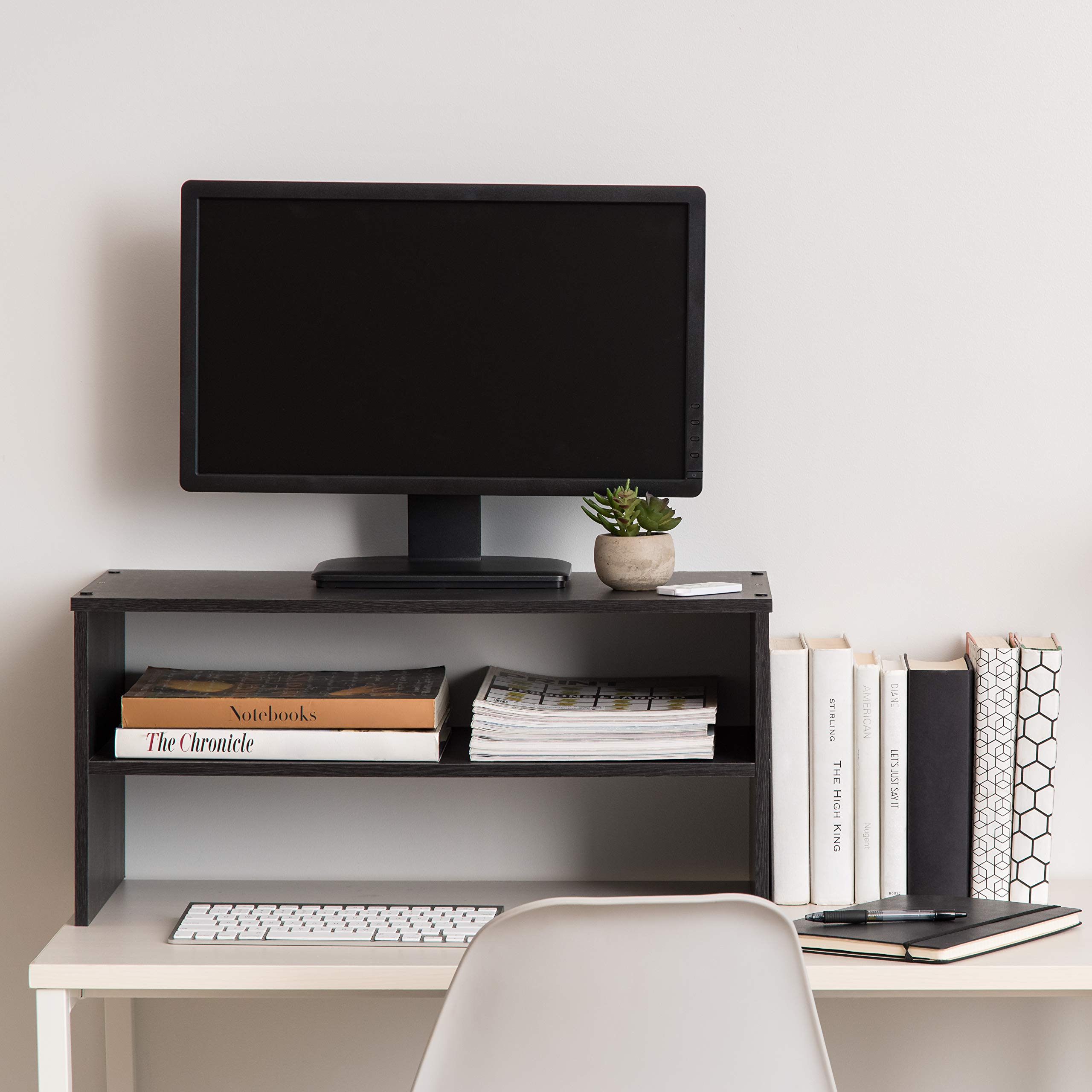 IRIS USA 1-Tier Long Multi-Purpose PC Monitor Organizer Stand, Stackable Ergonomic Desktop and Countertop Riser for Computer Laptop TV Shoes Kitchen Pantry and Closet Organization, Black