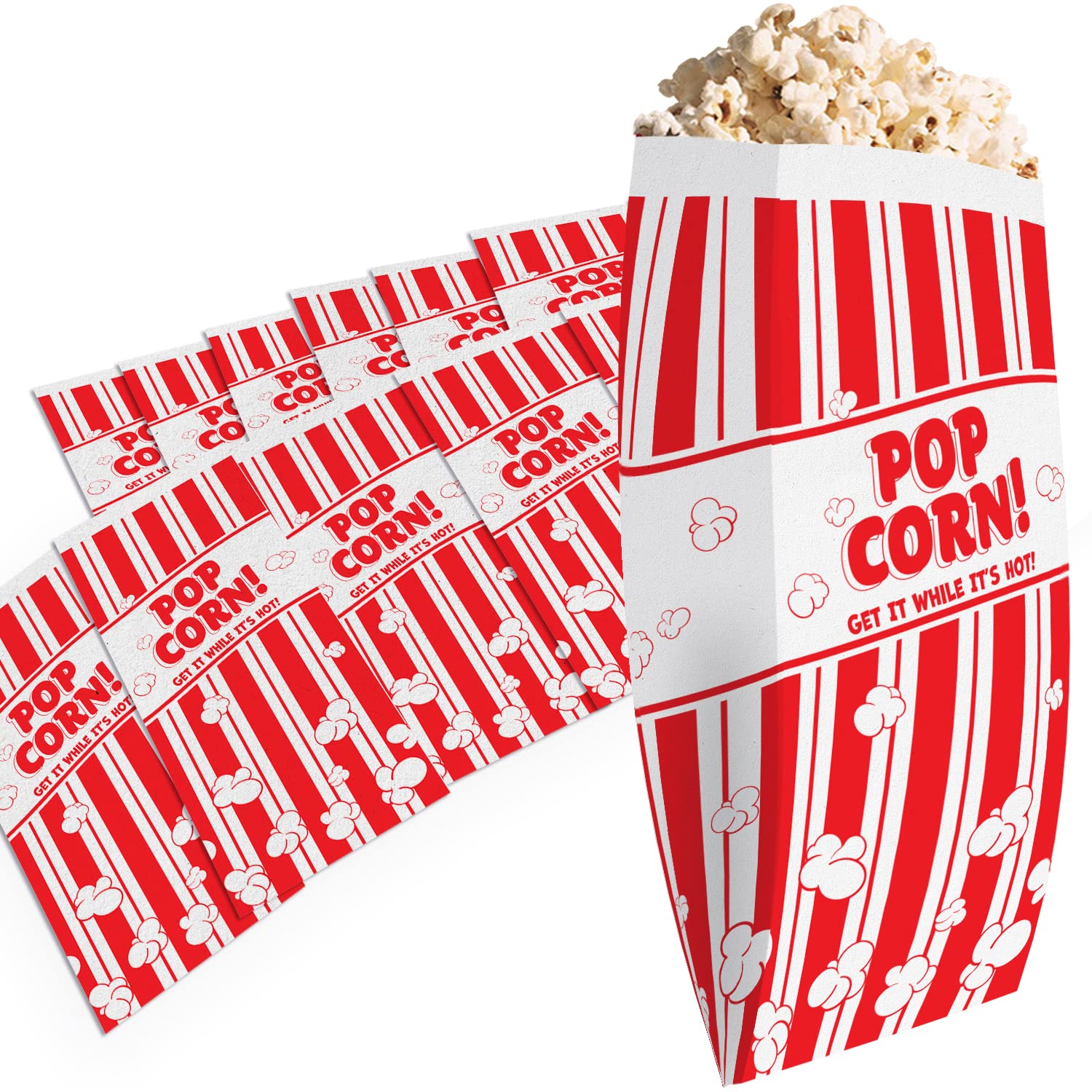 Retro, Grease Resistant Popcorn Bags 25 Pack. Single Serving 1oz Paper Sleeves in Nostalgic Red/White Design Movie Theme Party and Old Fashioned Carnivals & Fundraisers Old School Supplies